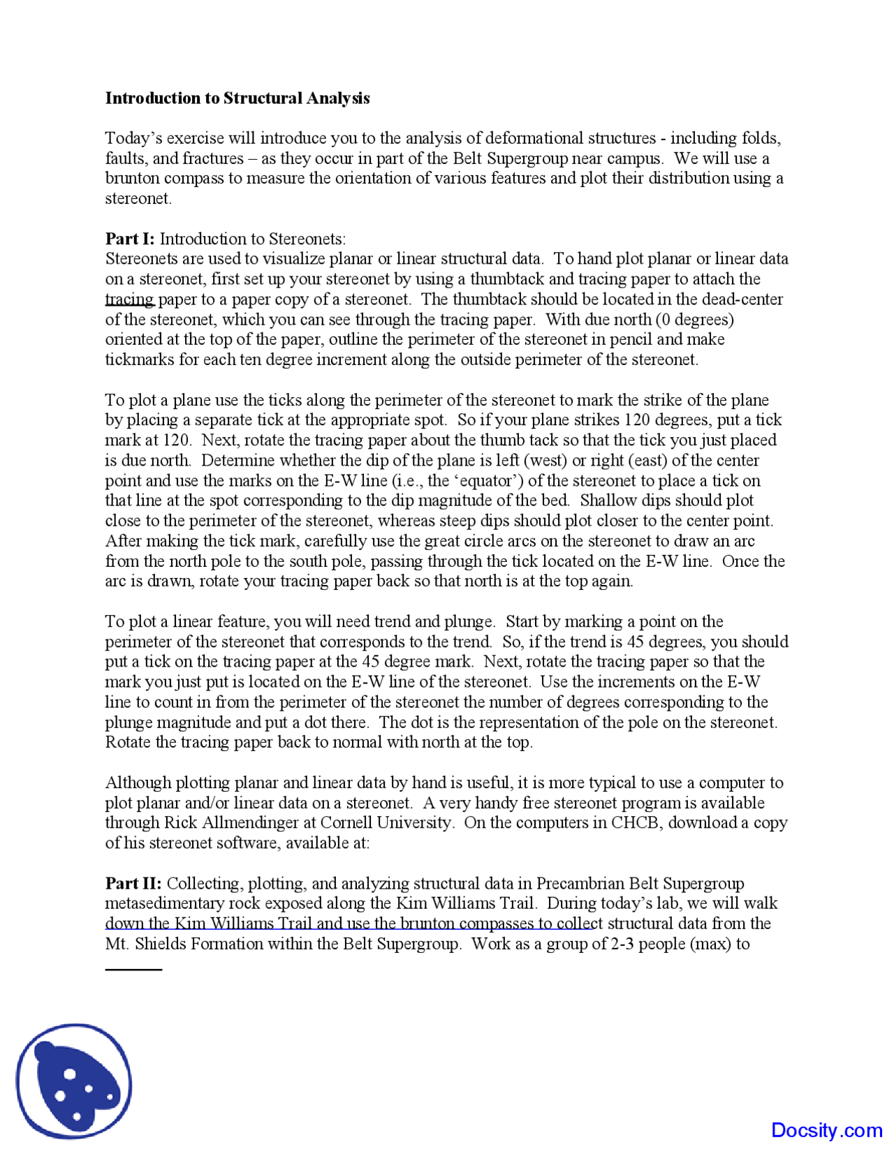 Introduction To Structural Analysis Field Geology Lecture Notes
