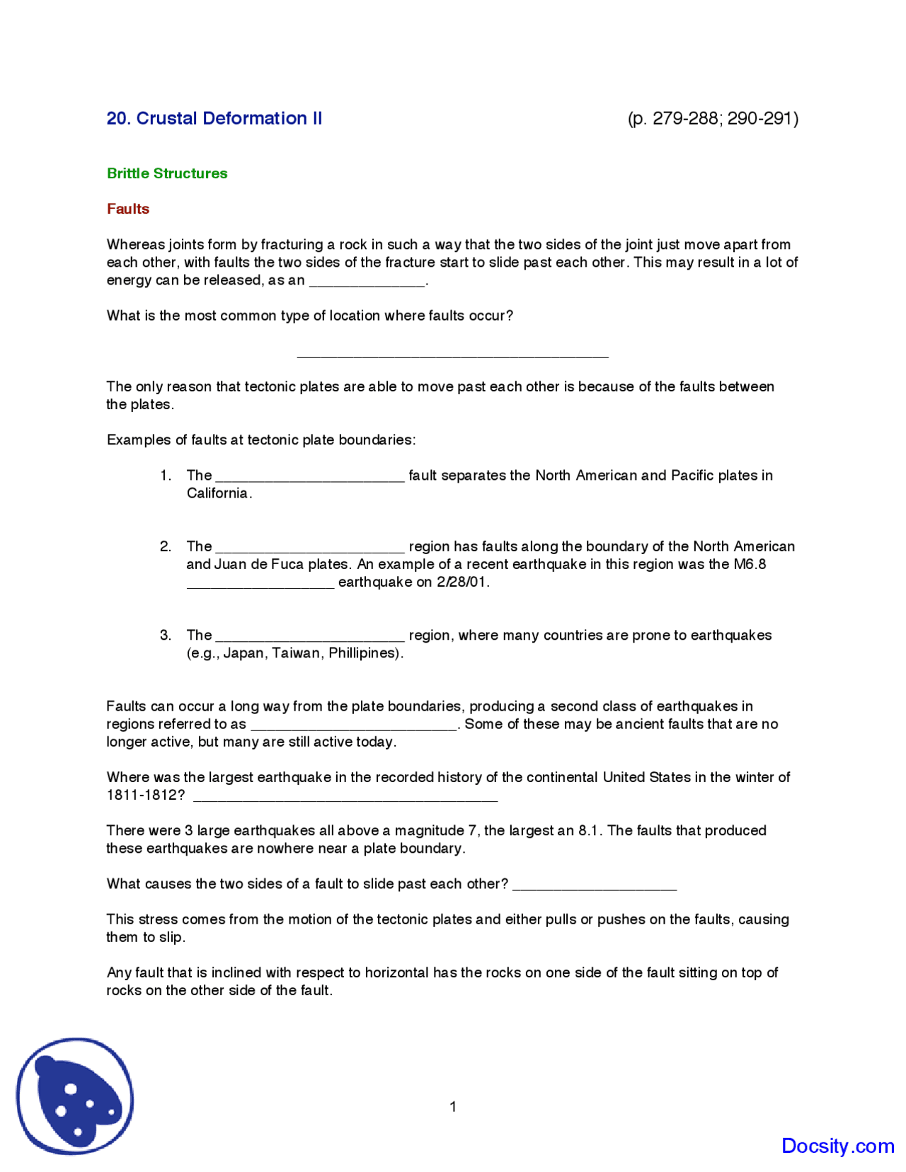 Brittle Structures General Geology Lecture Notes Docsity