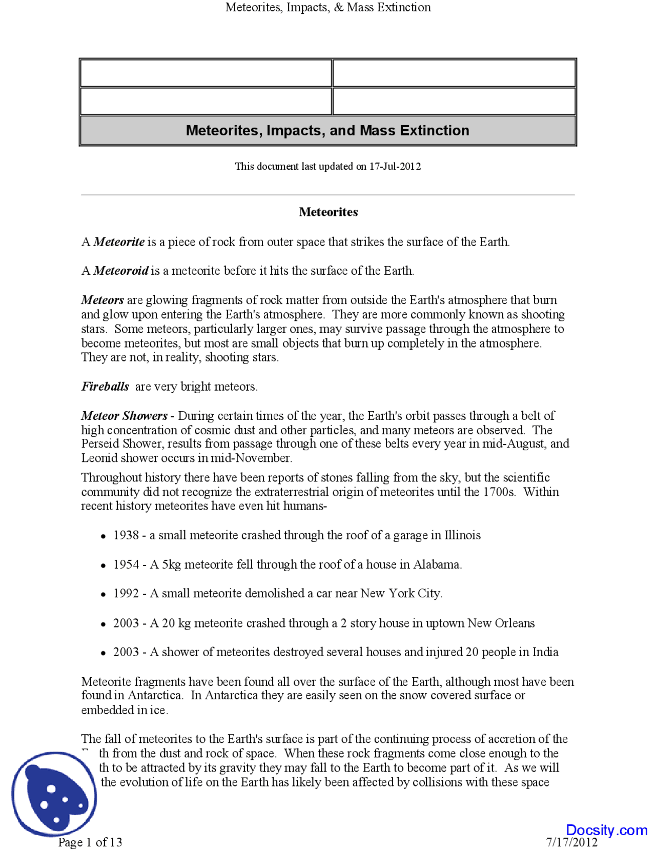Meteorites General Geology Lecture Notes Docsity