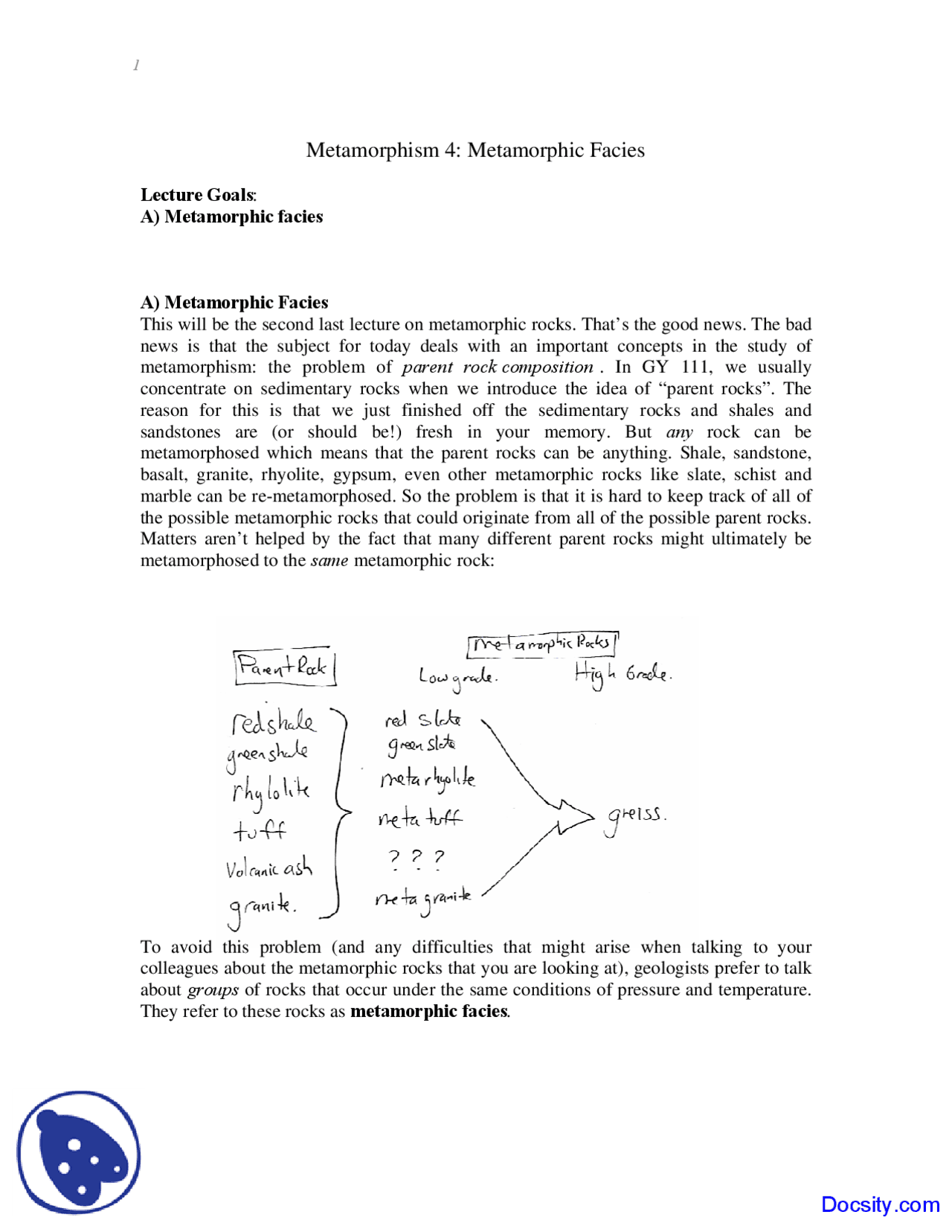 Metamorphic Facies General Geology Lecture Notes Docsity