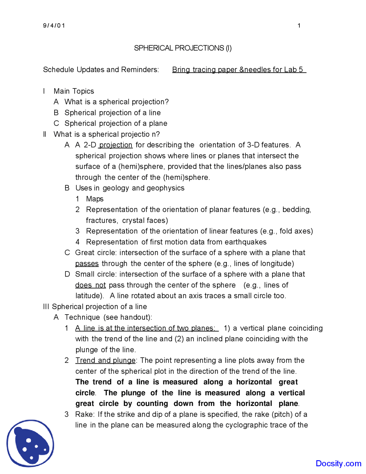 Spherical Projection Field Geology Lecture Notes Docsity