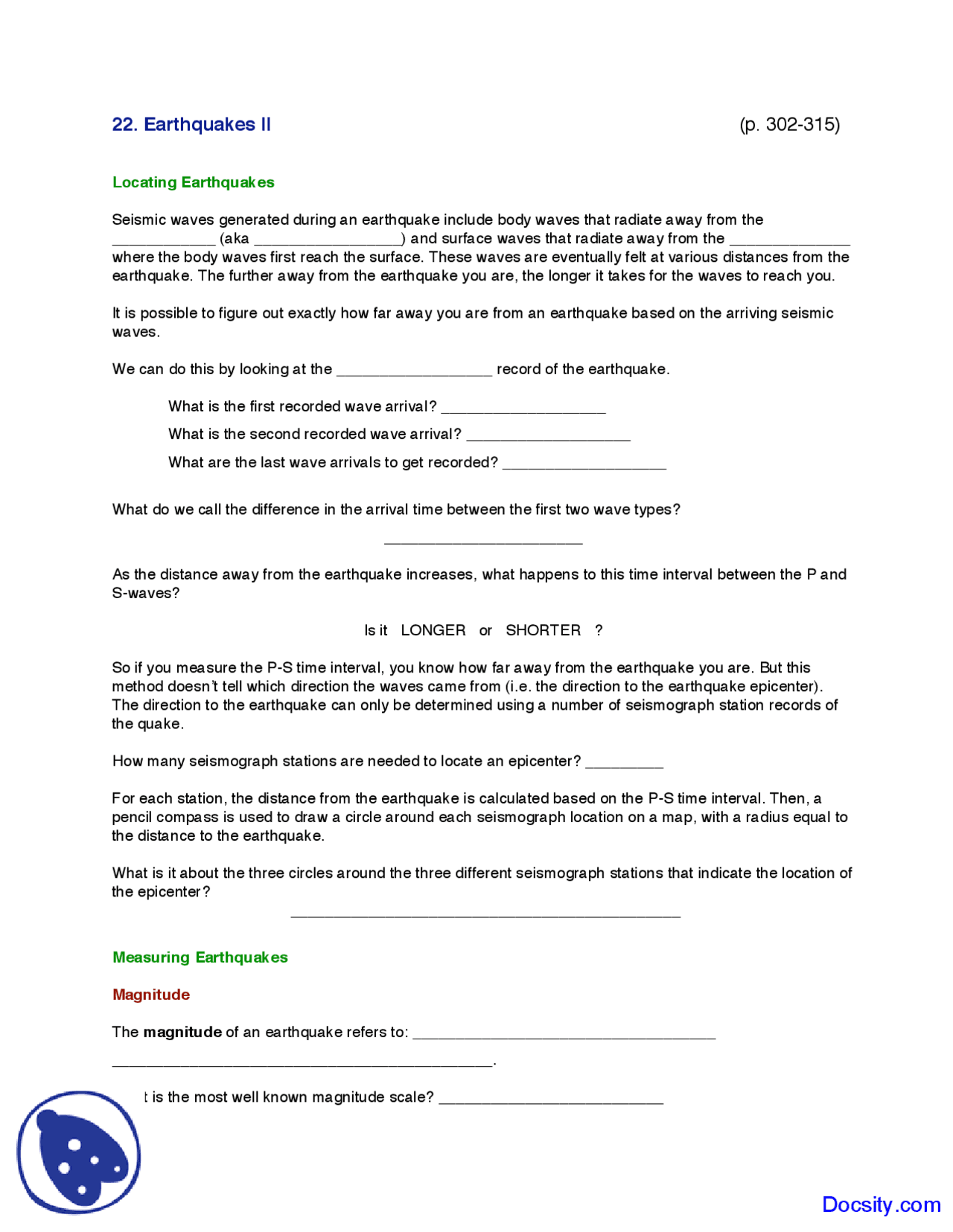 Locating Earthquakes - General Geology - Lecture Notes - Docsity