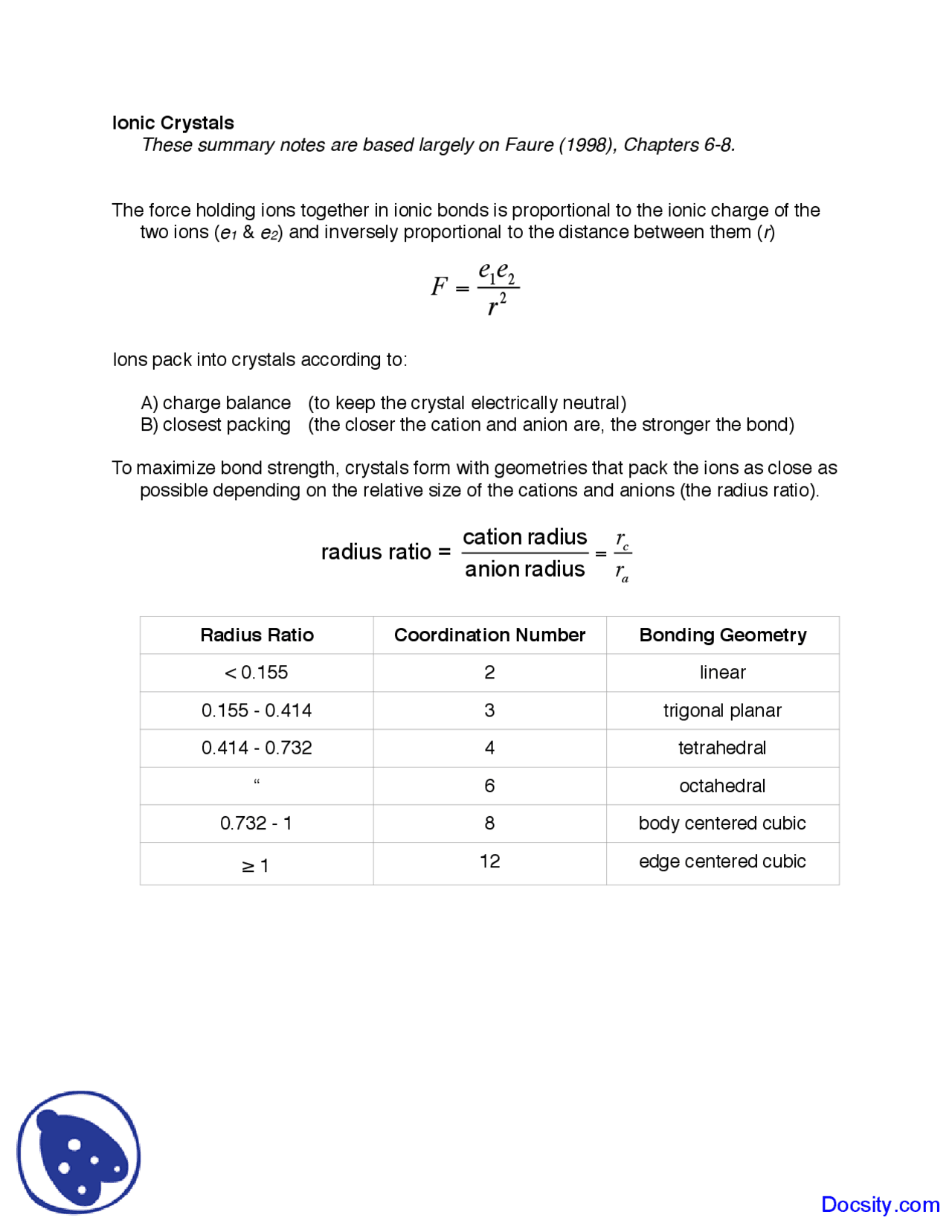 Ionic Crystals Mineral Deposits Lecture Notes Docsity