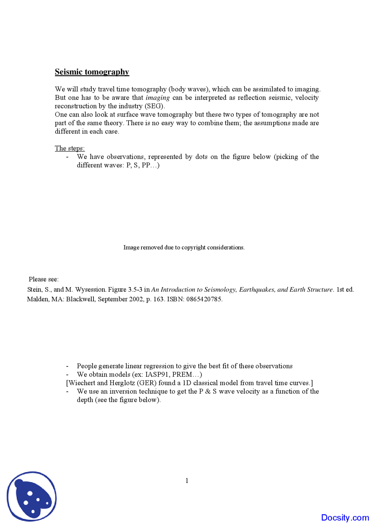 Seismic Tomography Two Seismology Lecture Notes Docsity
