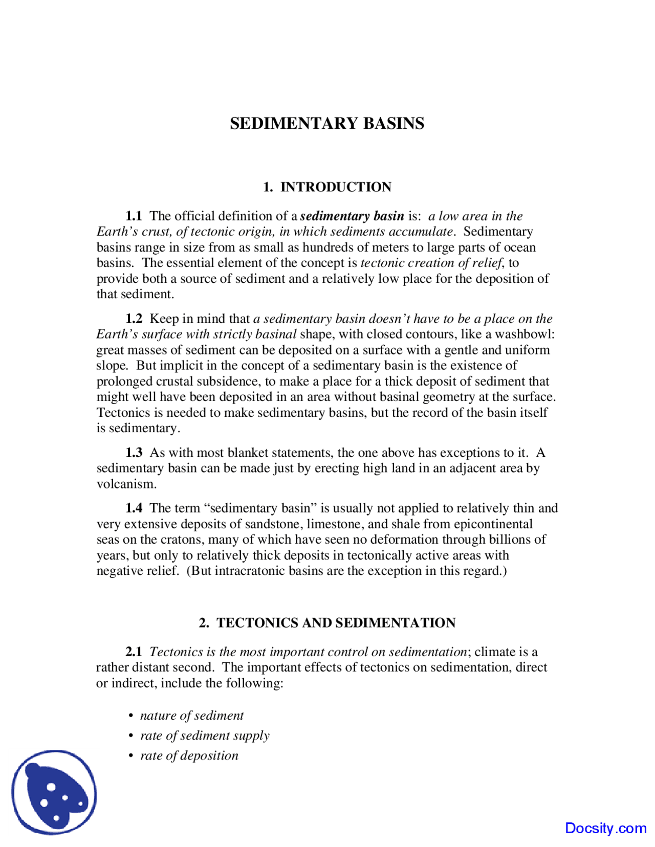 Sedimentary Basin Sedimentology Lecture Notes Docsity