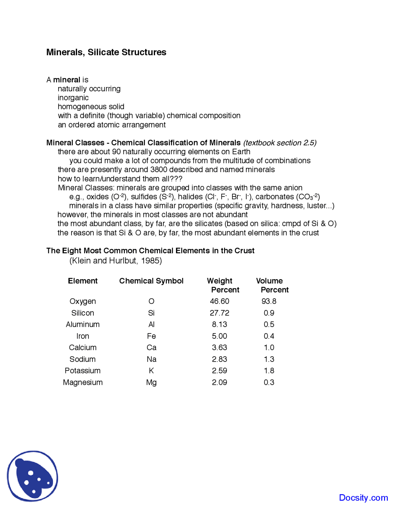 Silicate Structures Mineral Deposits Lecture Notes Docsity