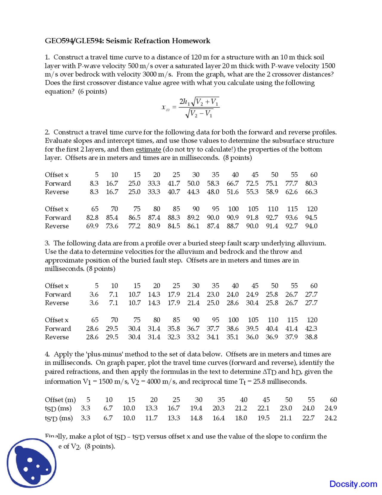Seismic Refraction - Seismology - Home Work | Exercises Geology | Docsity