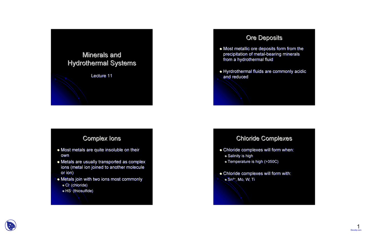 Hydrothermal Minerals Mineral Deposits Lecture Slides Slides