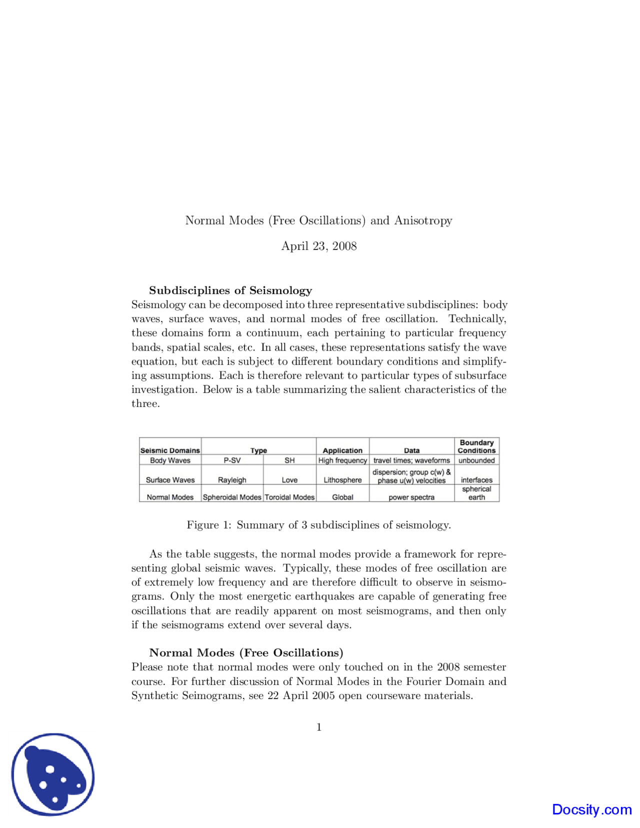 Normal Modes - Seismology - Lecture Notes - Docsity