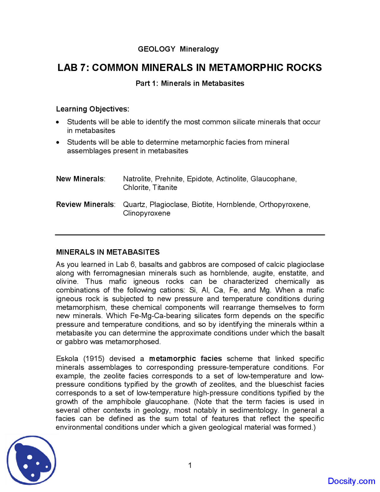 Minerals In Metabasites Mineral Deposits Lecture Notes Docsity