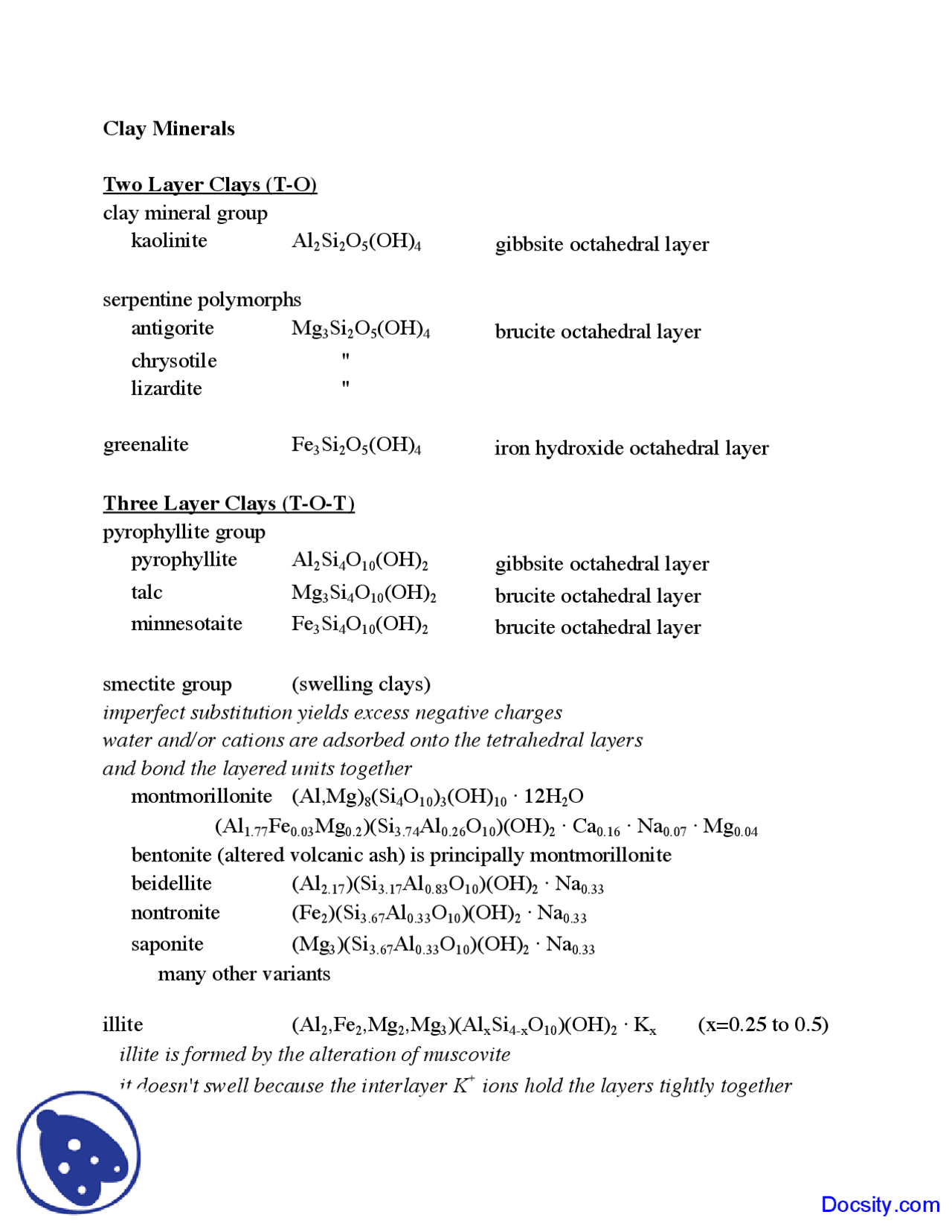 Clay Minerals Mineral Deposits Lecture Notes Docsity