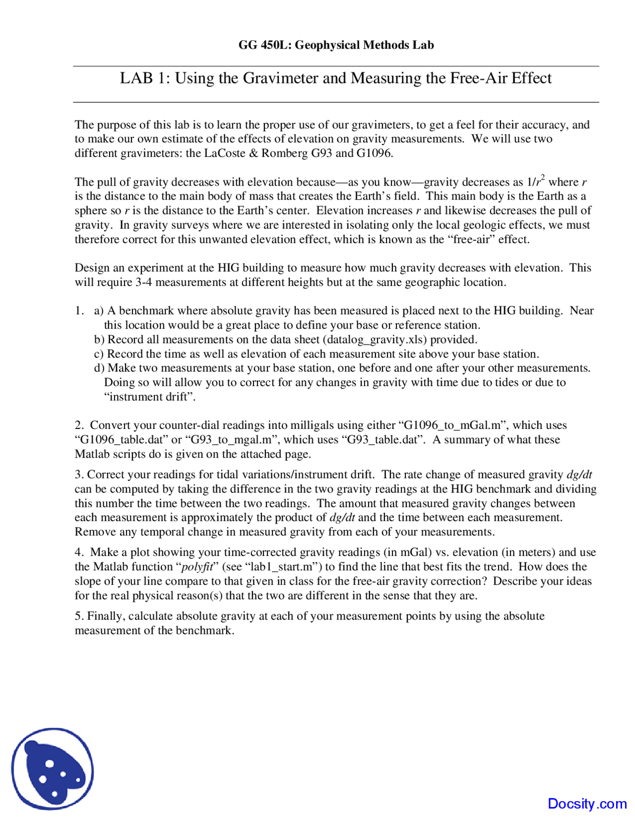 Gravimeter And Measuring Seismology Lab Notes Docsity