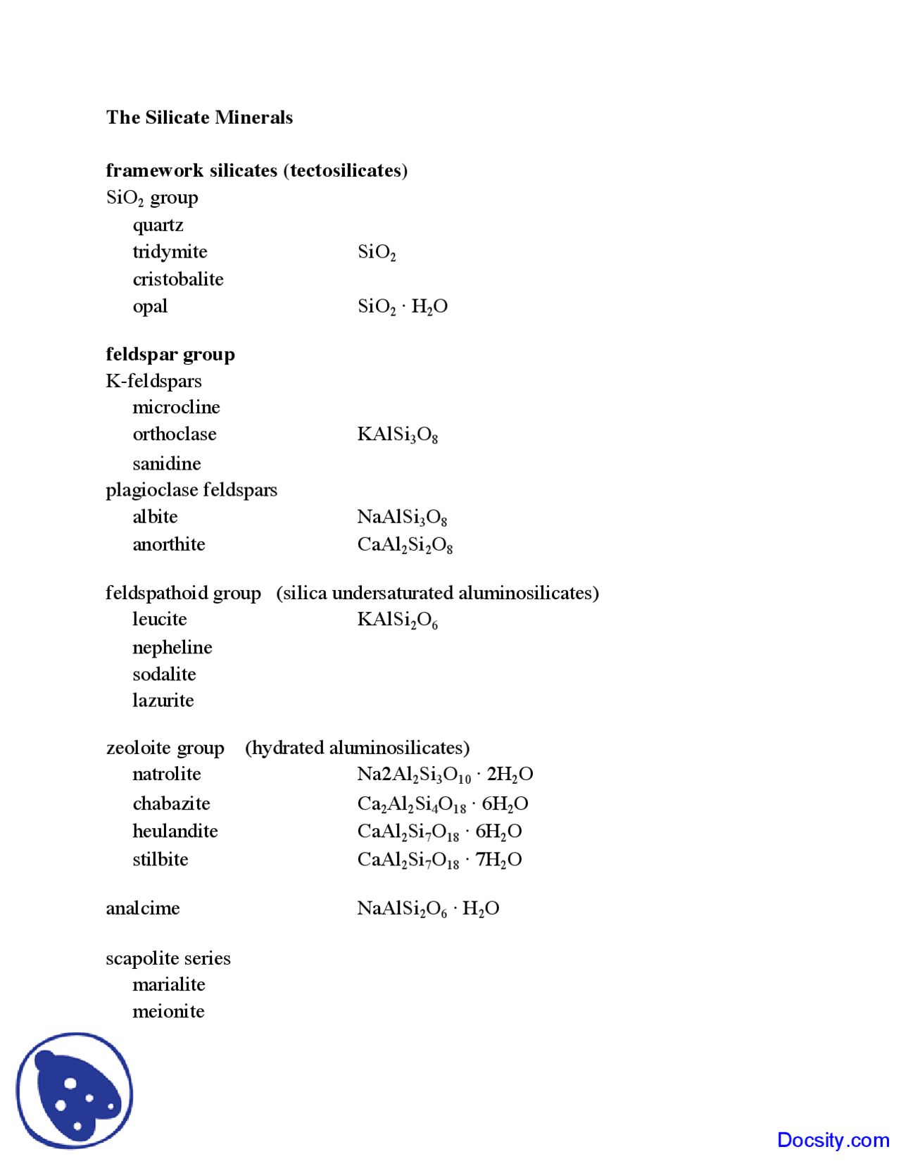 Silicate Mins List Mineral Deposits Lecture Notes Docsity