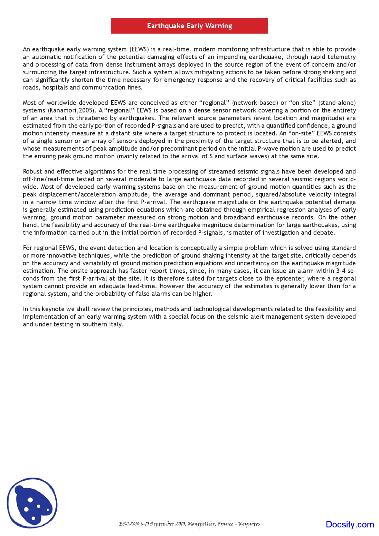 Earthquake Early Warning Seismology Lecture Notes Docsity