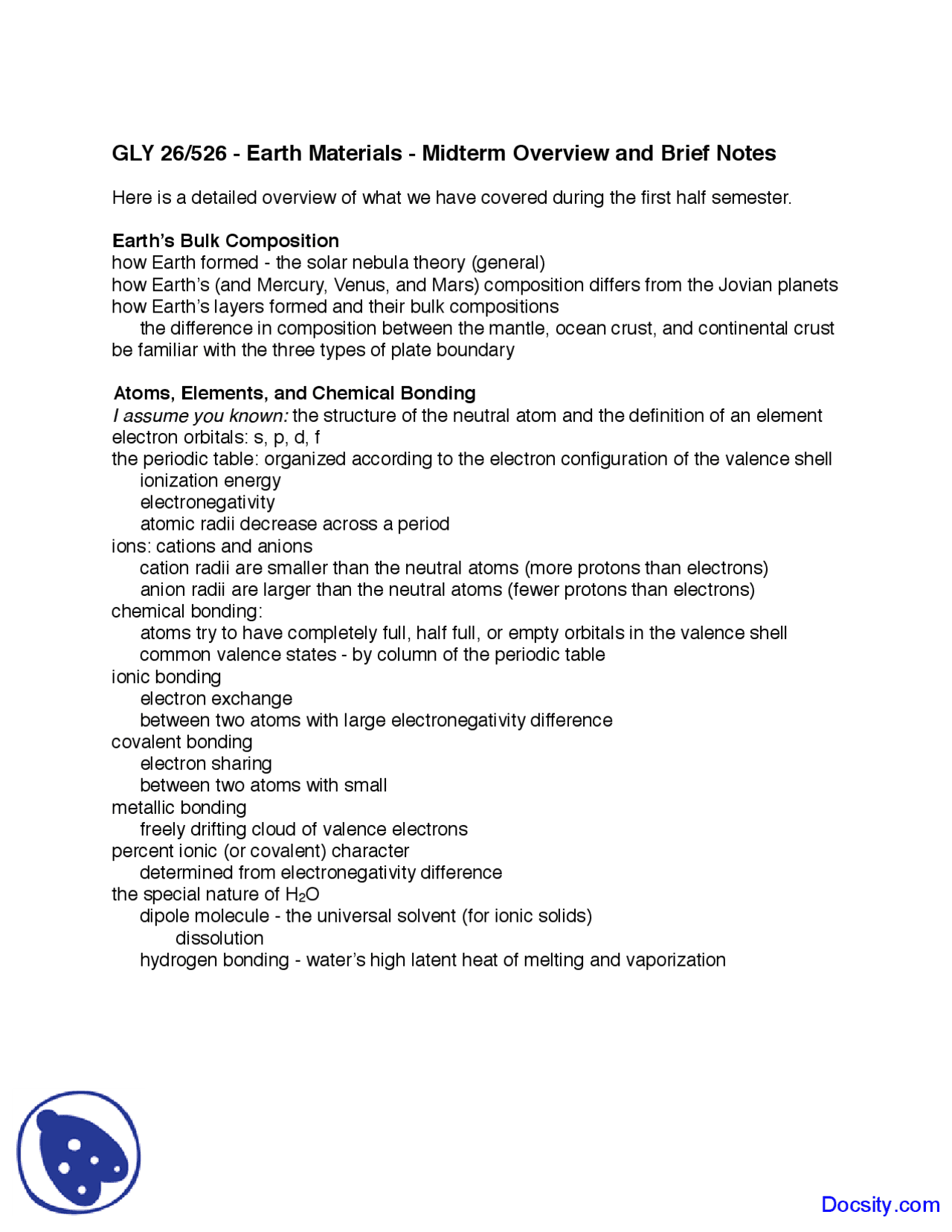 Earths Bulk Composition Mineral Deposits Lecture Notes Docsity