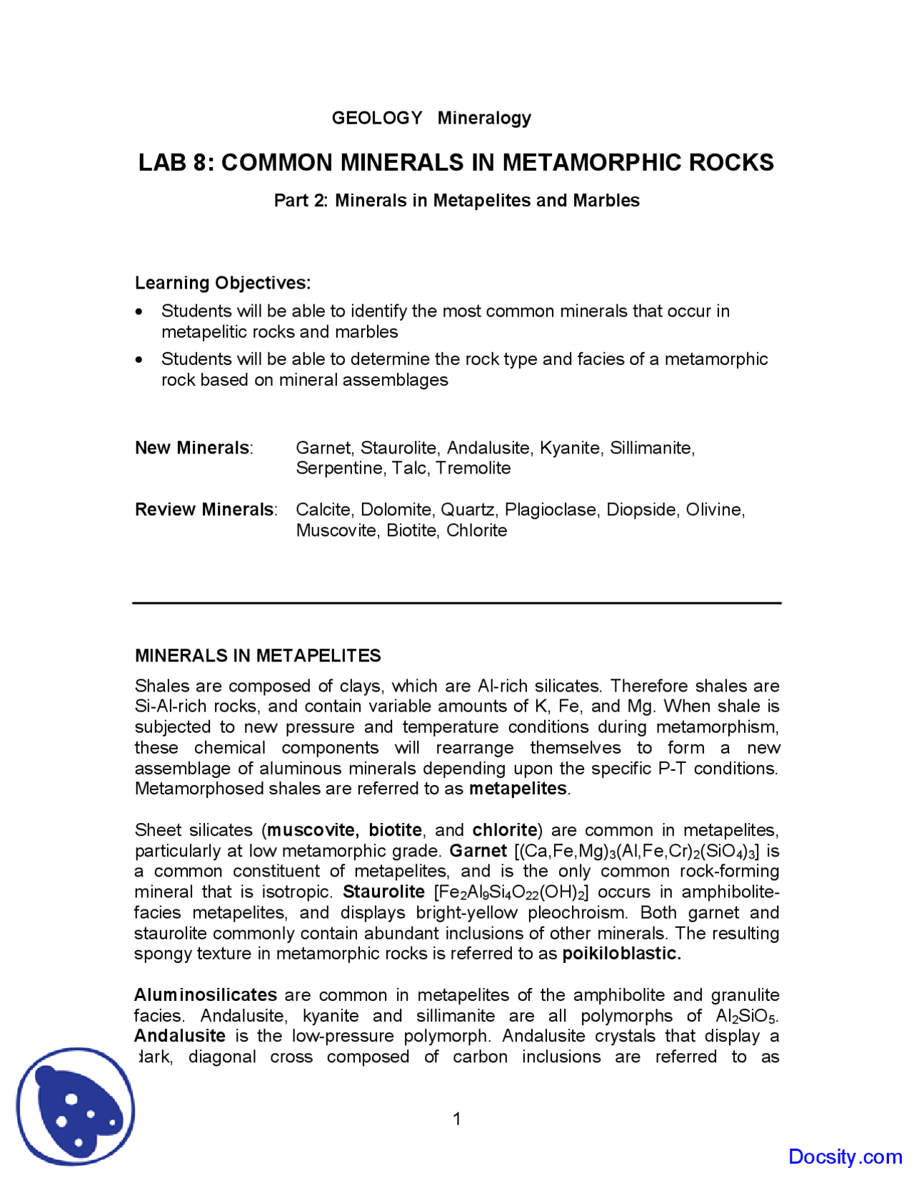 Minerals In Metapelites And Marbles Mineral Deposits Lecture Notes