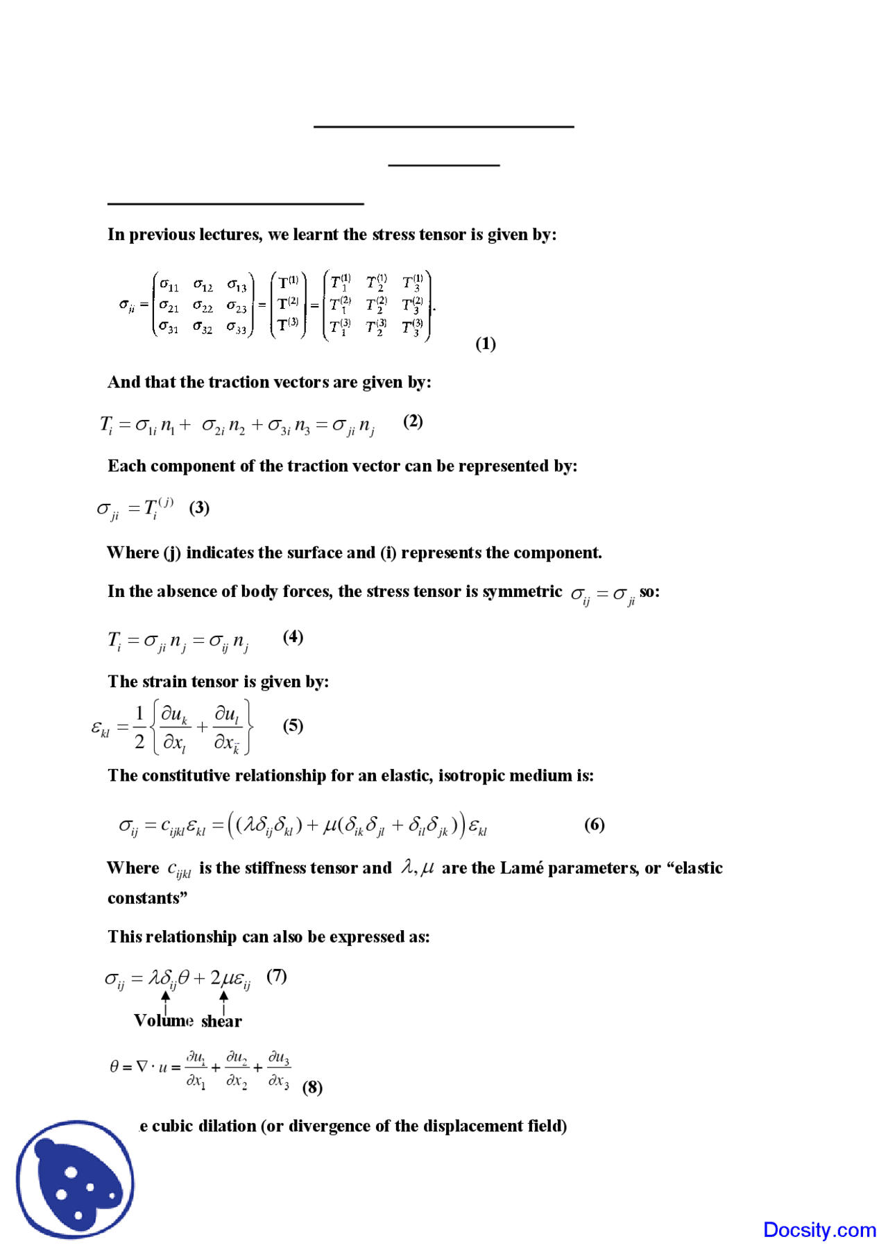 Traction Vectors Seismology Lecture Notes Docsity