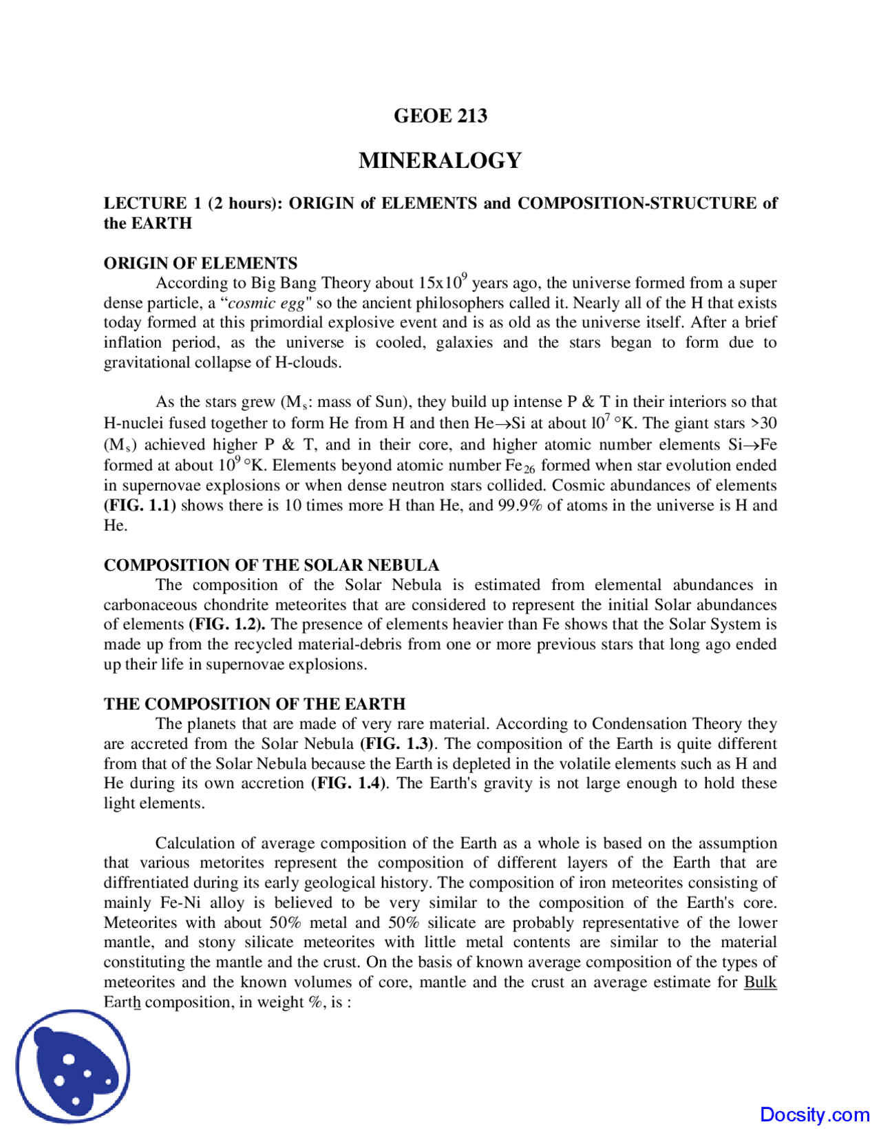 Origin Of Elements Mineral Deposits Lecture Notes Docsity