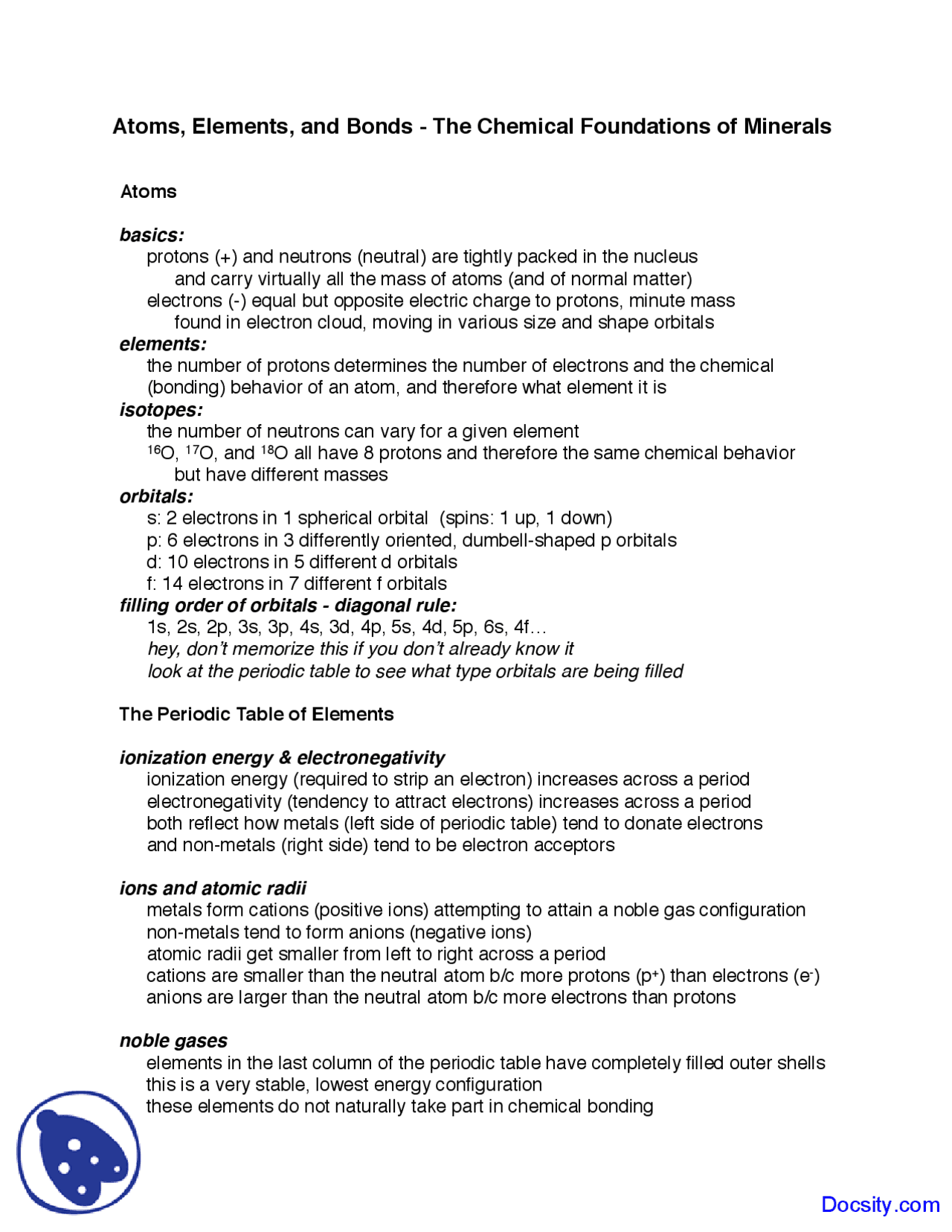 The Chemical Foundations Of Minerals Mineral Deposits Lecture Notes