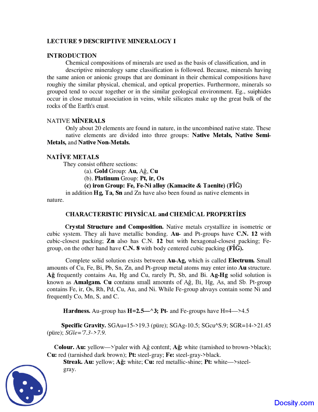 Descriptive Mineralogy Mineral Deposits Lecture Notes Docsity