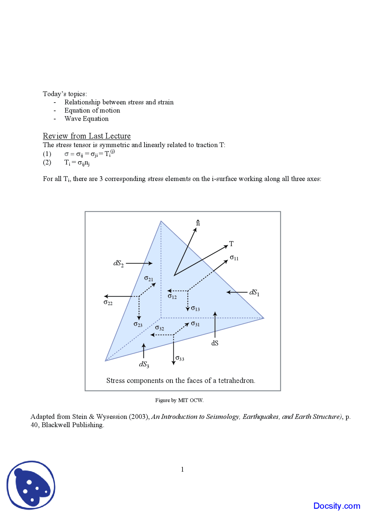 Stress Tensor - Seismology - Lecture Notes | Study notes Geology - Docsity