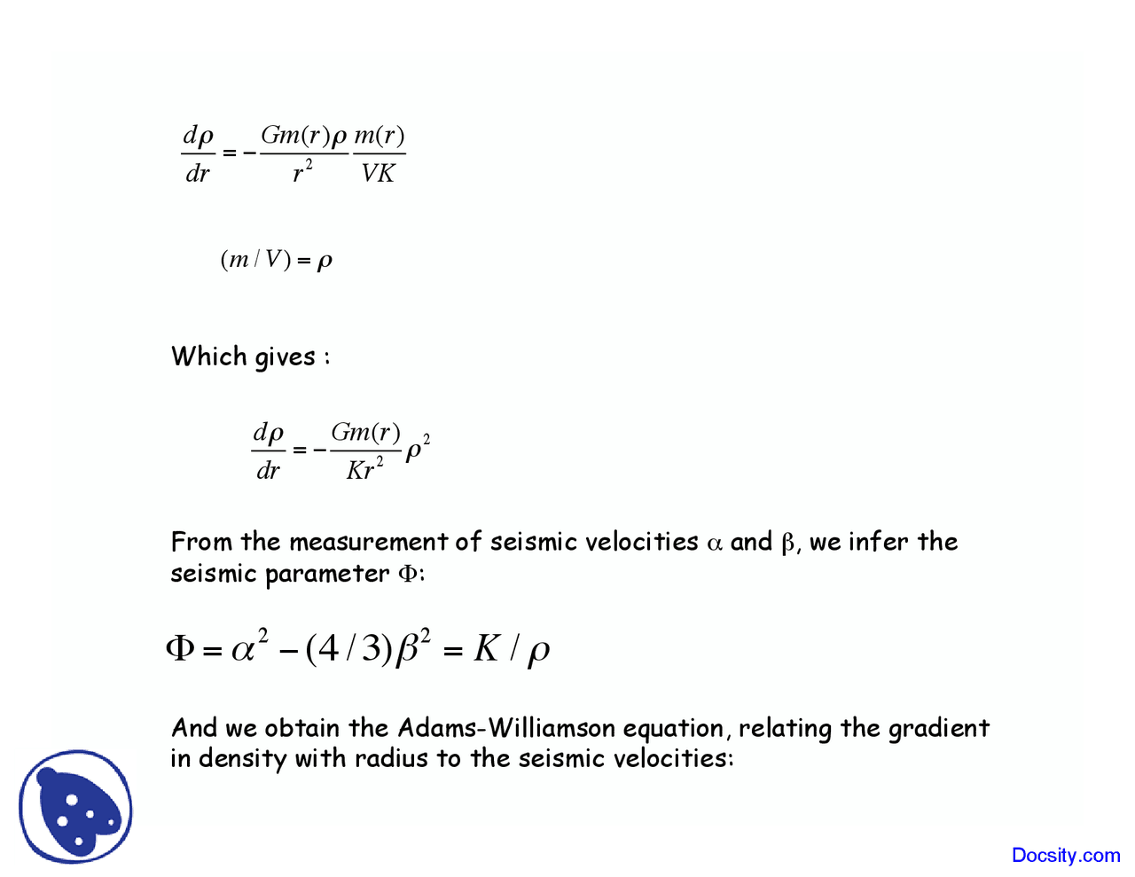 Adams Williamson Seismology Lecture Slides Slides Geology Docsity
