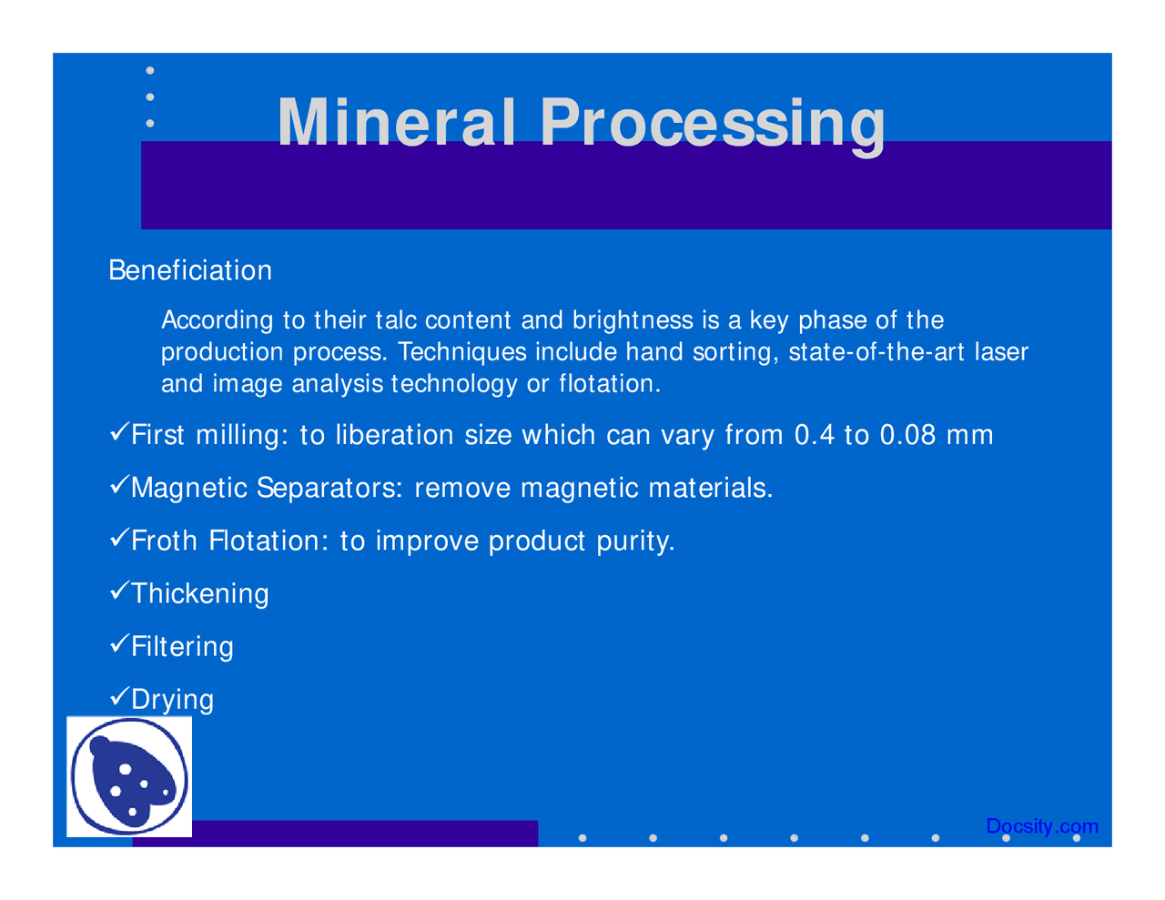 Mineral Processing - Mineral Deposits - Lecture Slides | Slides Geology | Docsity