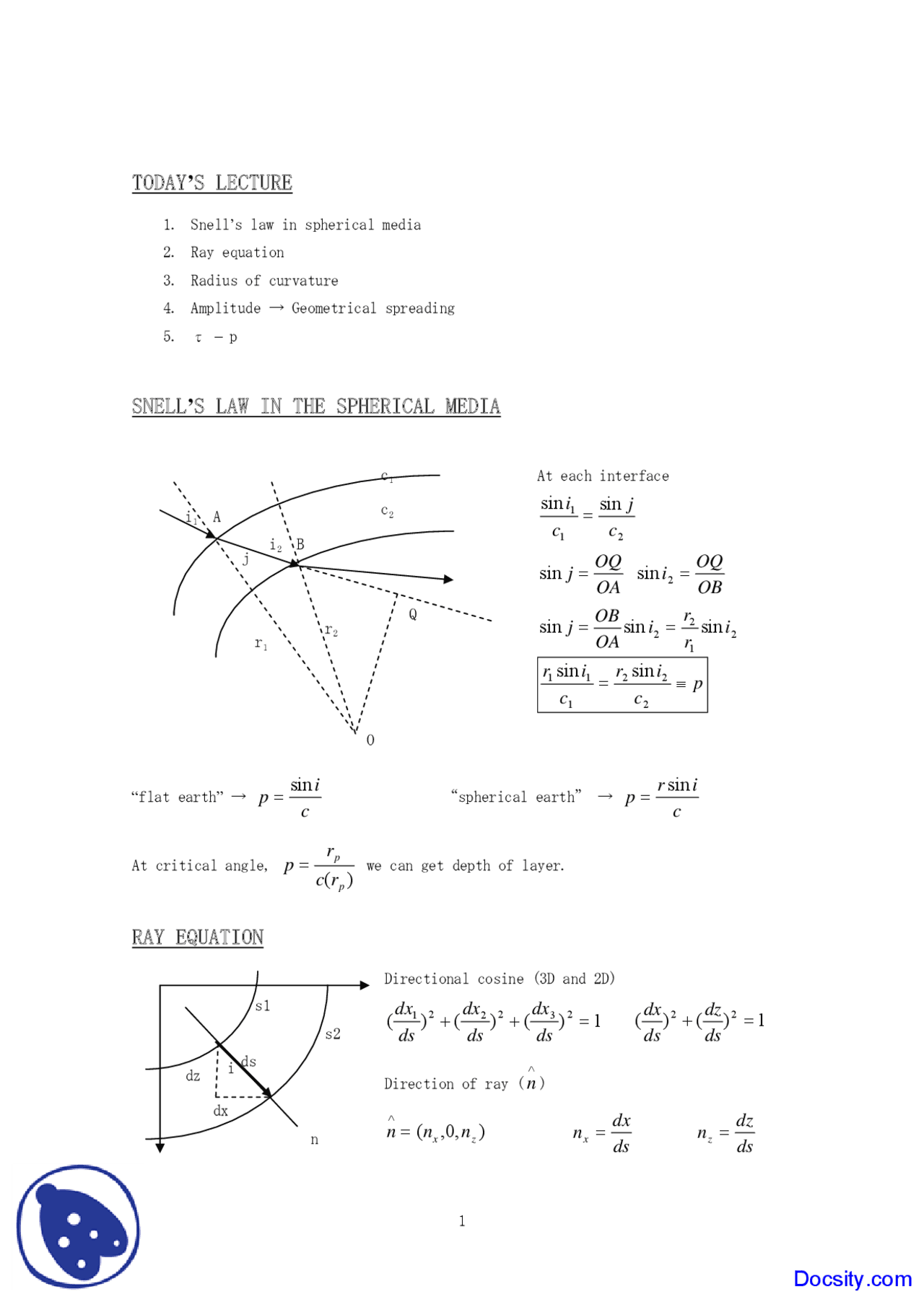 Ray Equation Seismology Lecture Notes Docsity
