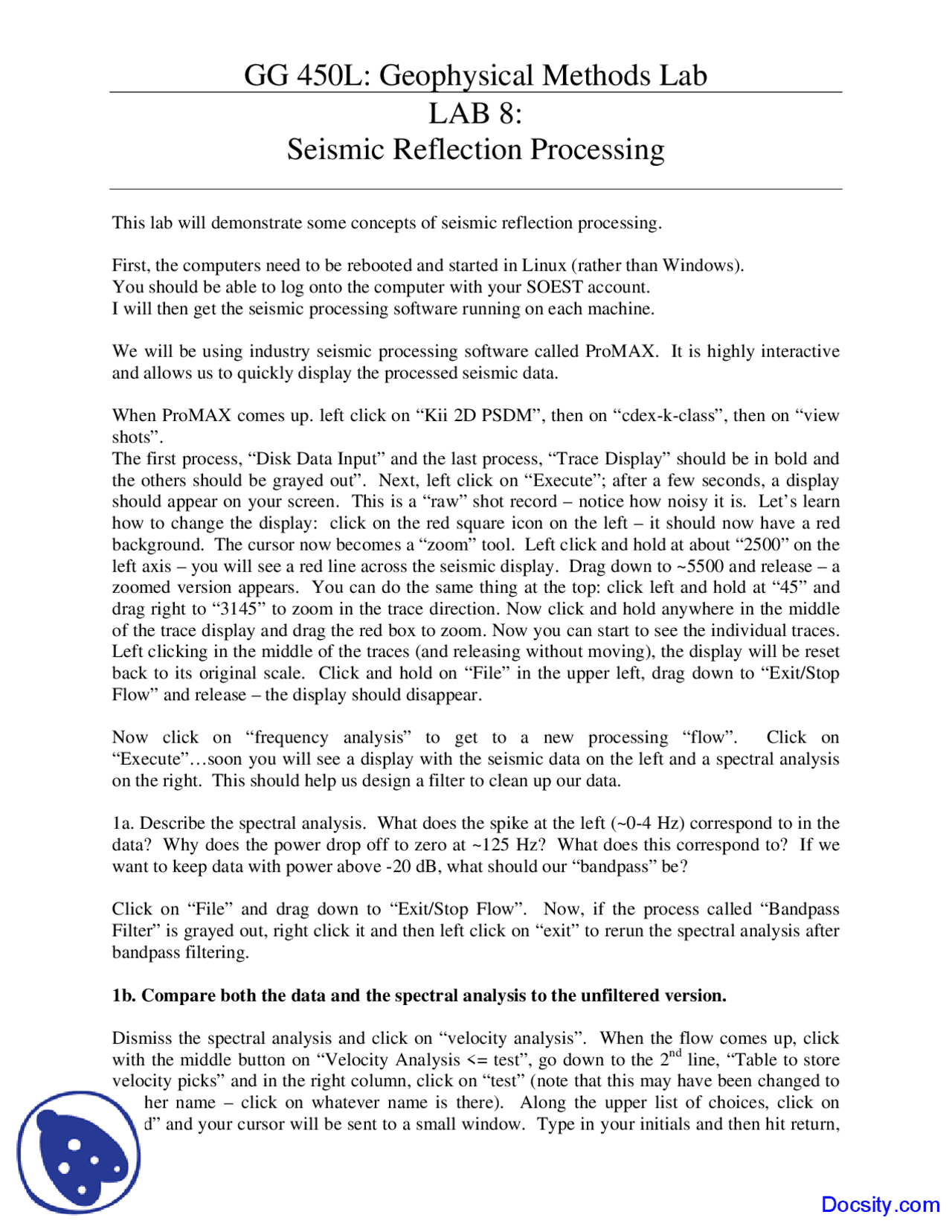 Seismic Reflection Processing Seismology Lab Notes Docsity