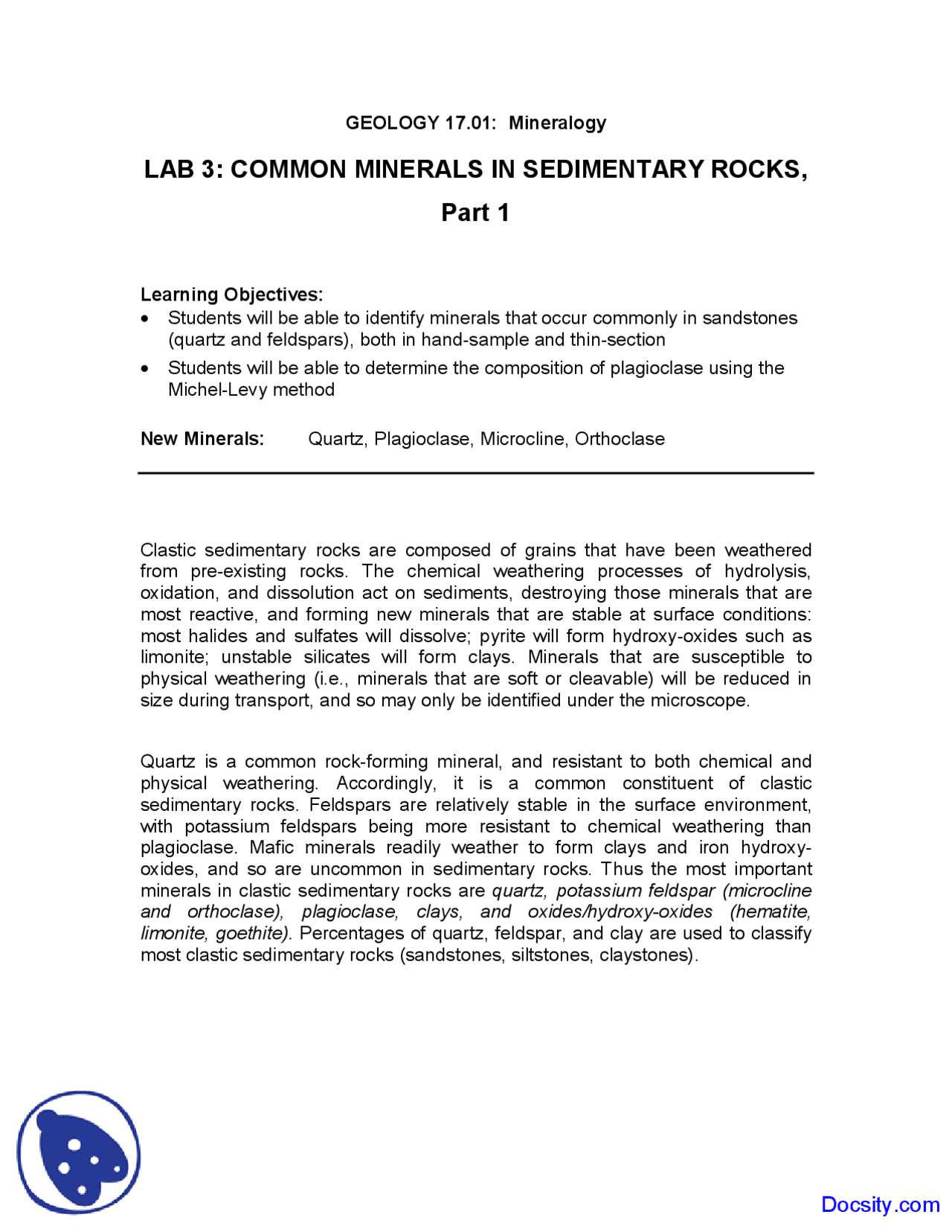 Sedimentary Rocks Mineral Deposits Lecture Notes Docsity