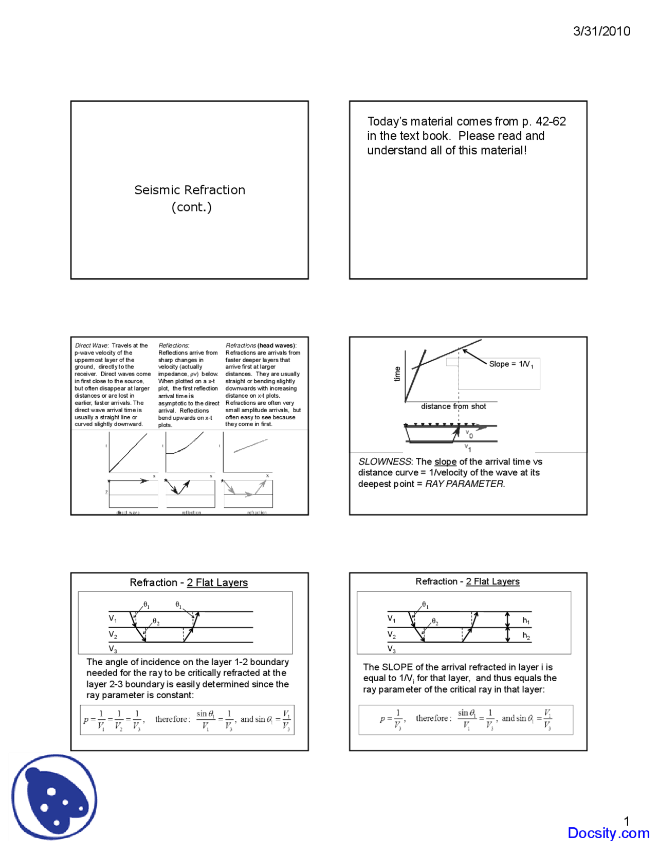 Seismic Refraction Seismology Lecture Slides Docsity