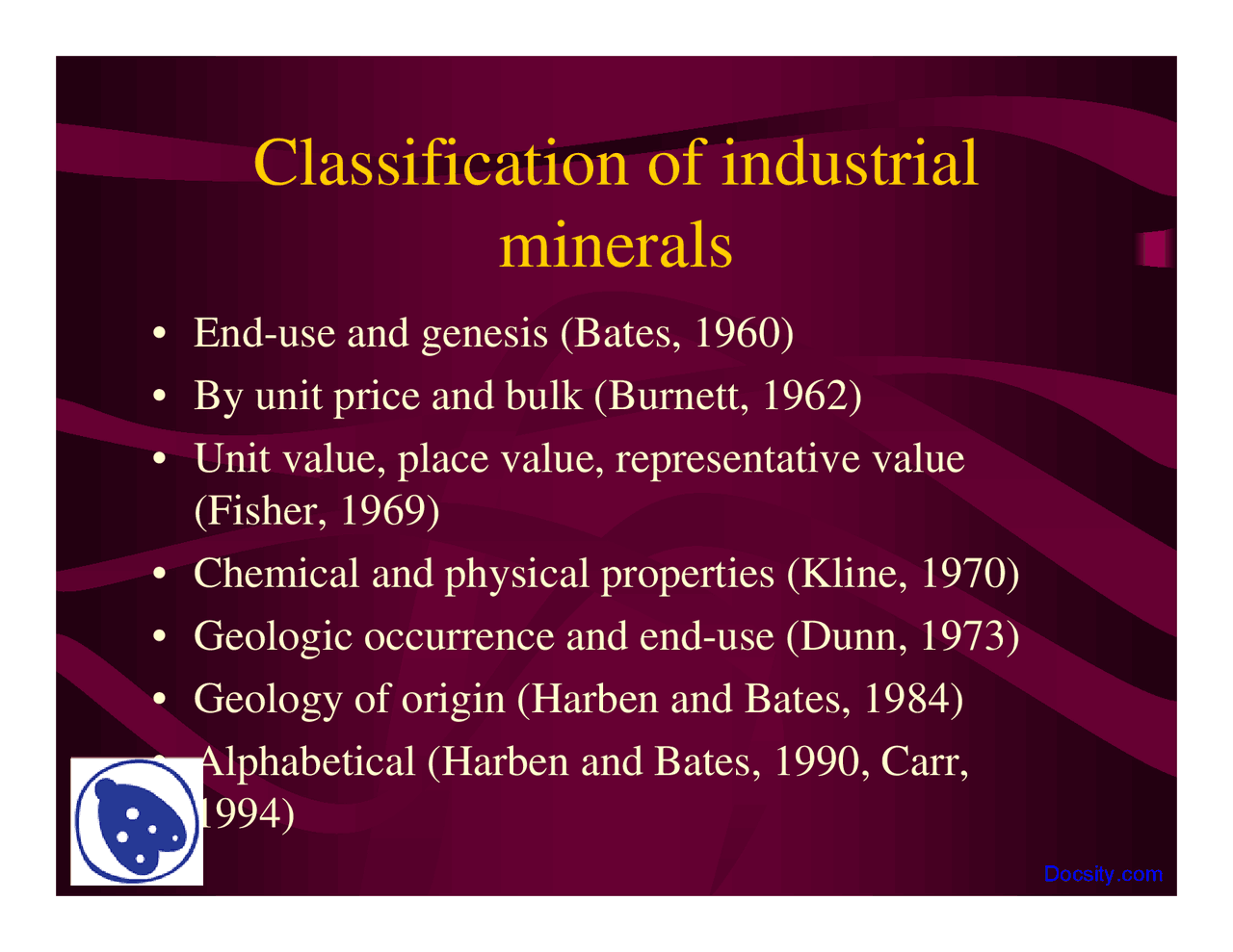 Classification of Industrial Menrals - Mineral Deposits - Lecture Slides | Slides Geology | Docsity