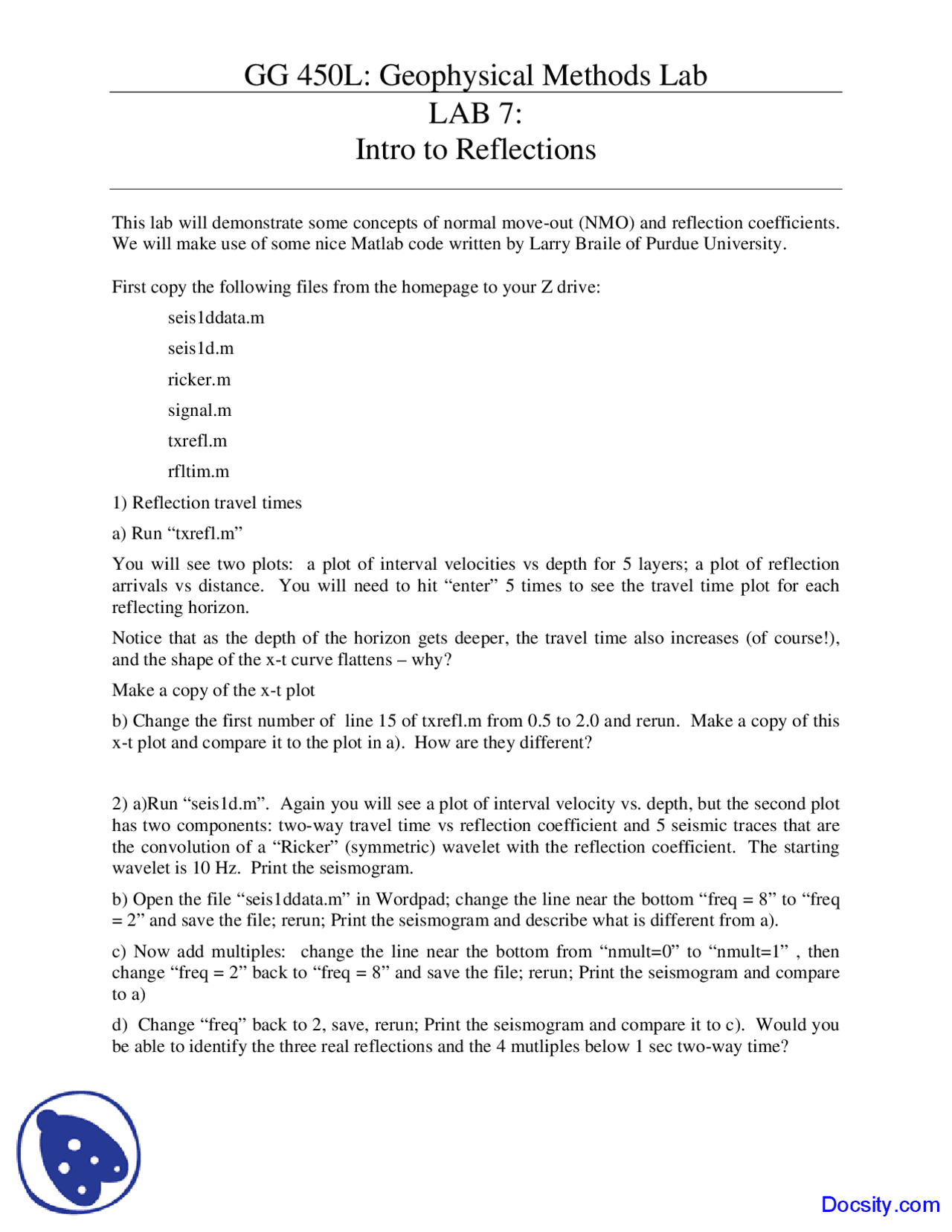 Reflections Seismology Lab Notes Docsity