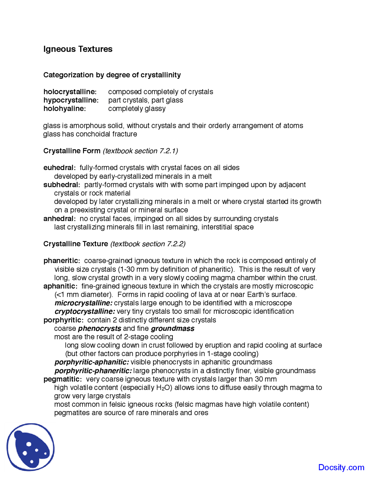 Crystallinity Mineral Deposits Lecture Notes Docsity