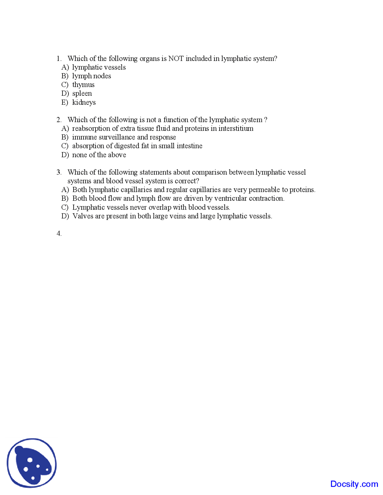 Lymphatic System Water Management Quiz Docsity