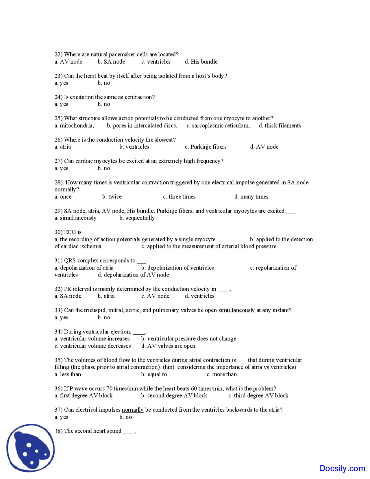 Natural Pacemaker Cells Water Management Quiz Docsity