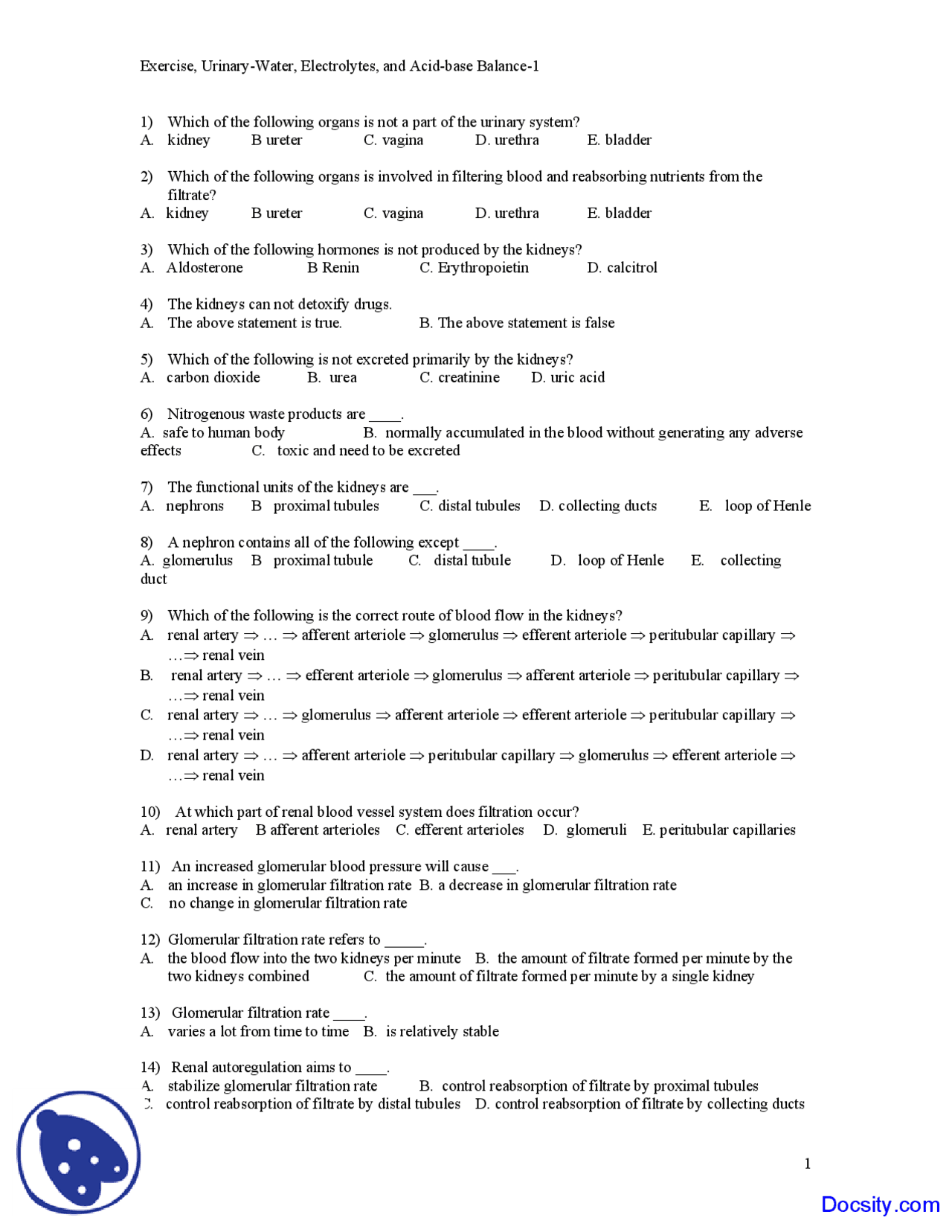 Electrolytes Water Management Lecture Quiz Docsity