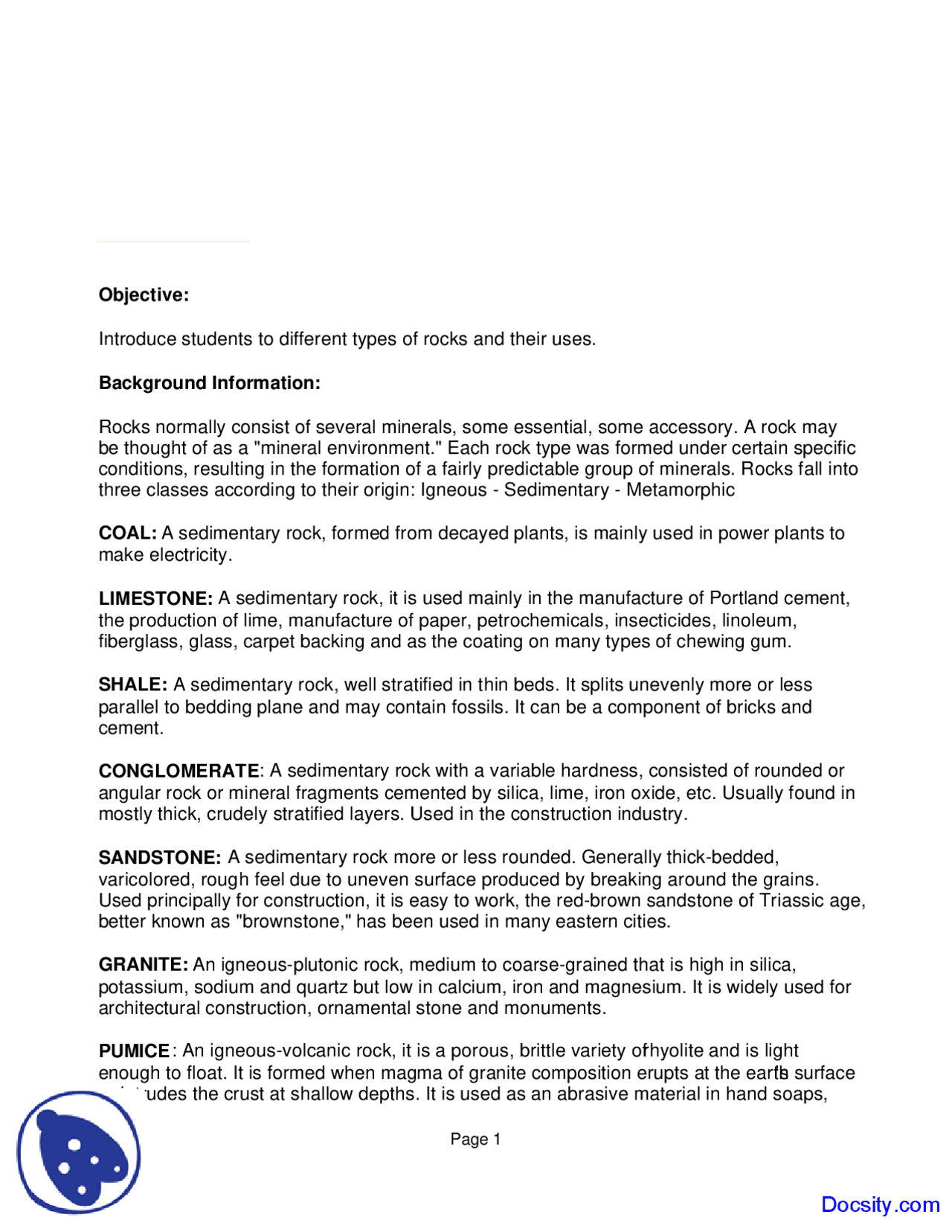 Rocks - Geography - Lecture Notes | Study notes Geology | Docsity