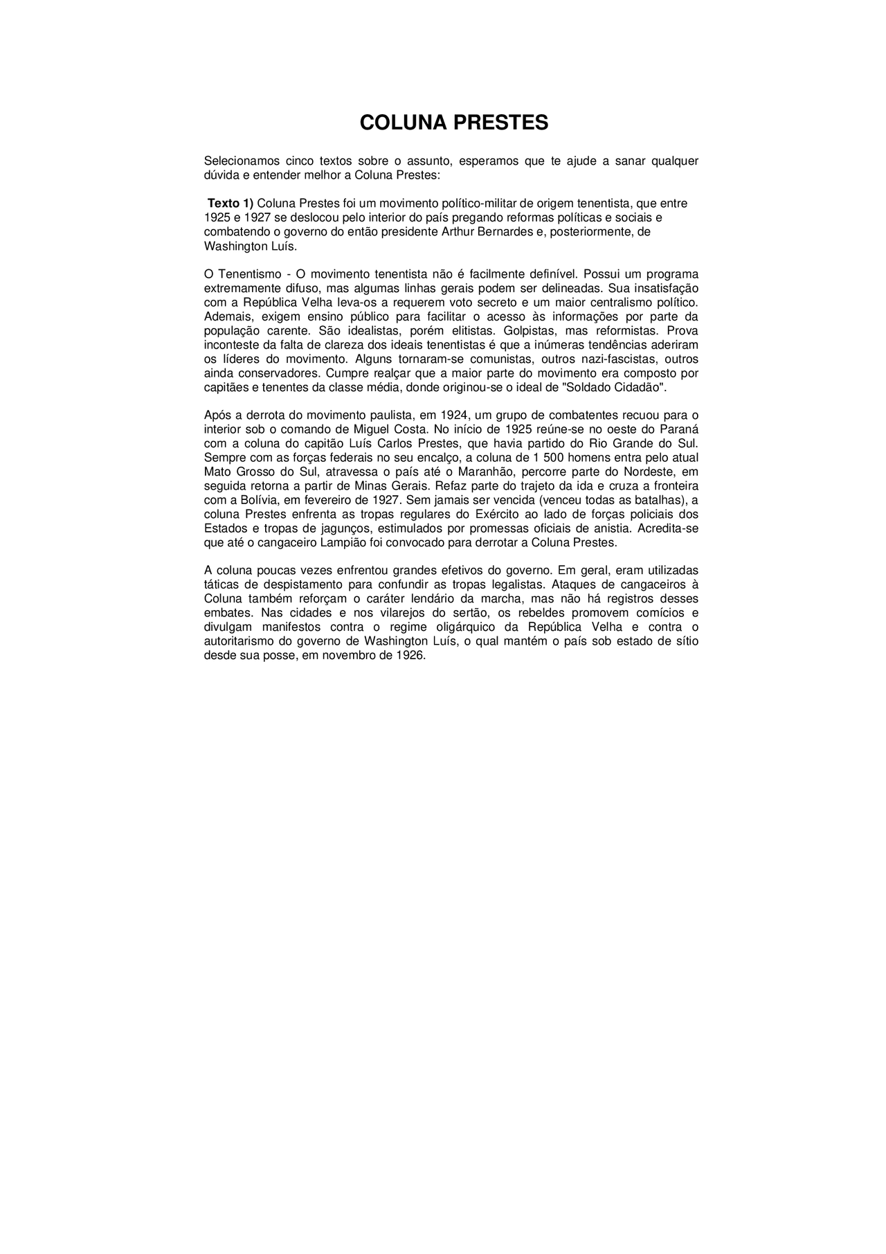 Coluna Prestes - Apostilas - História - Docsity