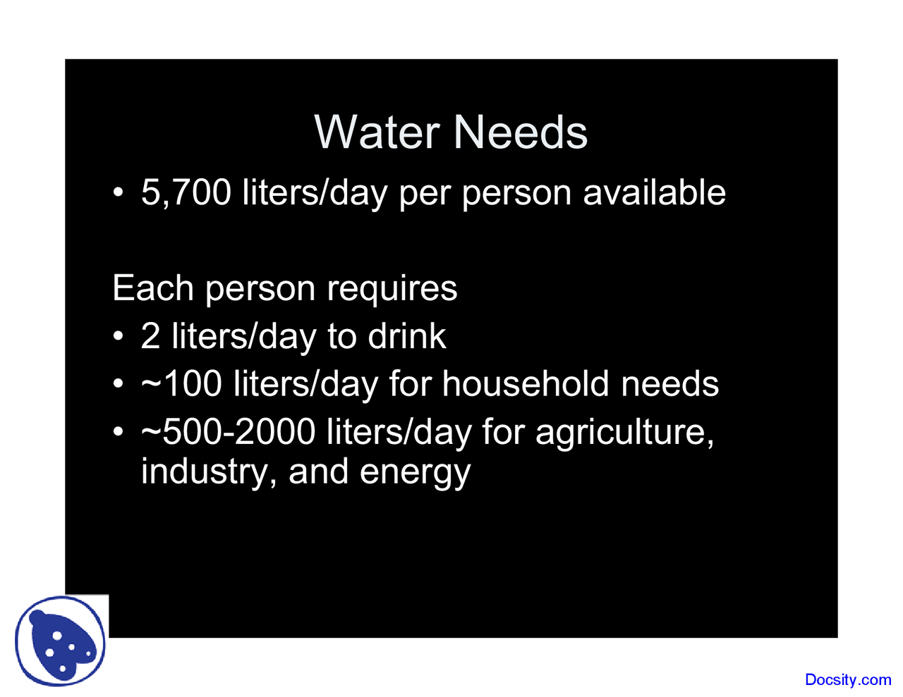 Water Needs - Water Management - Lecture Slide - Docsity