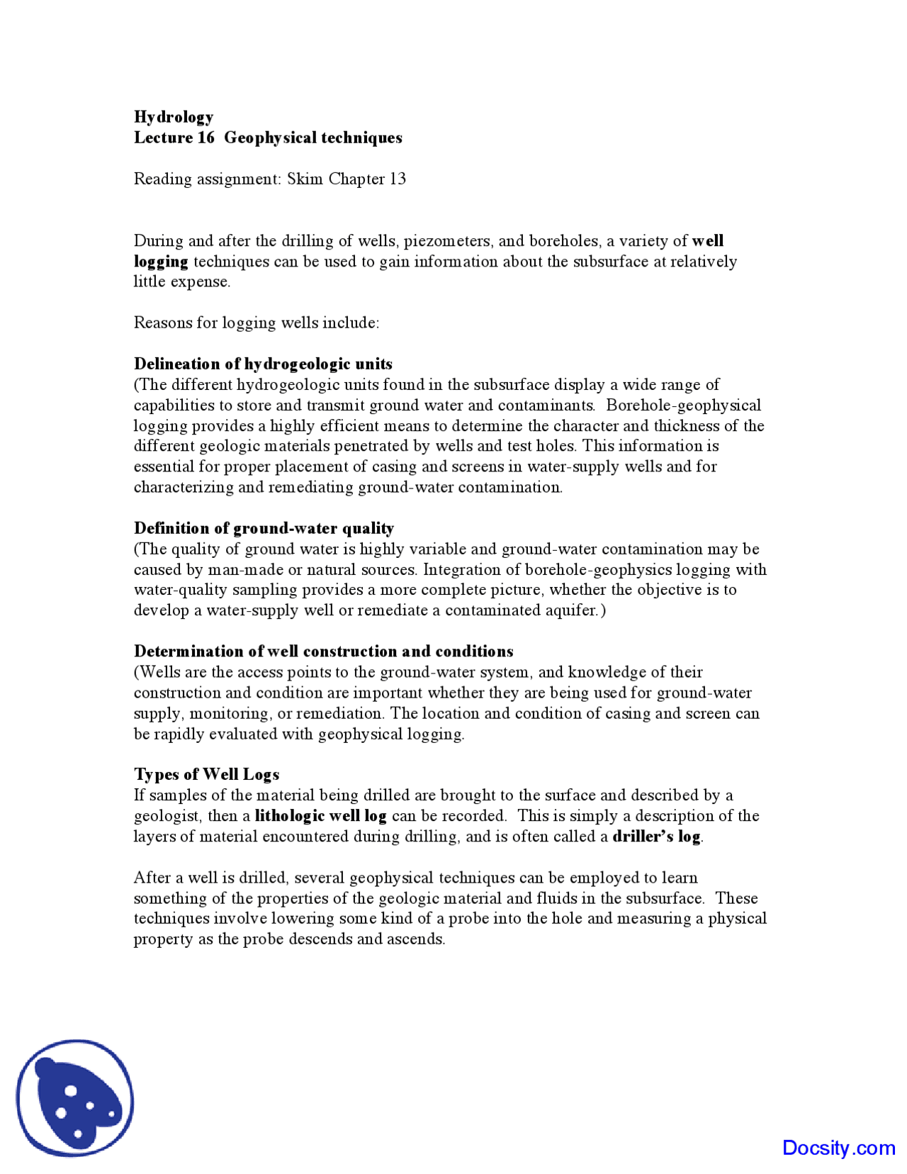 Geophysical Techniques Water Management Lecture Notes Docsity