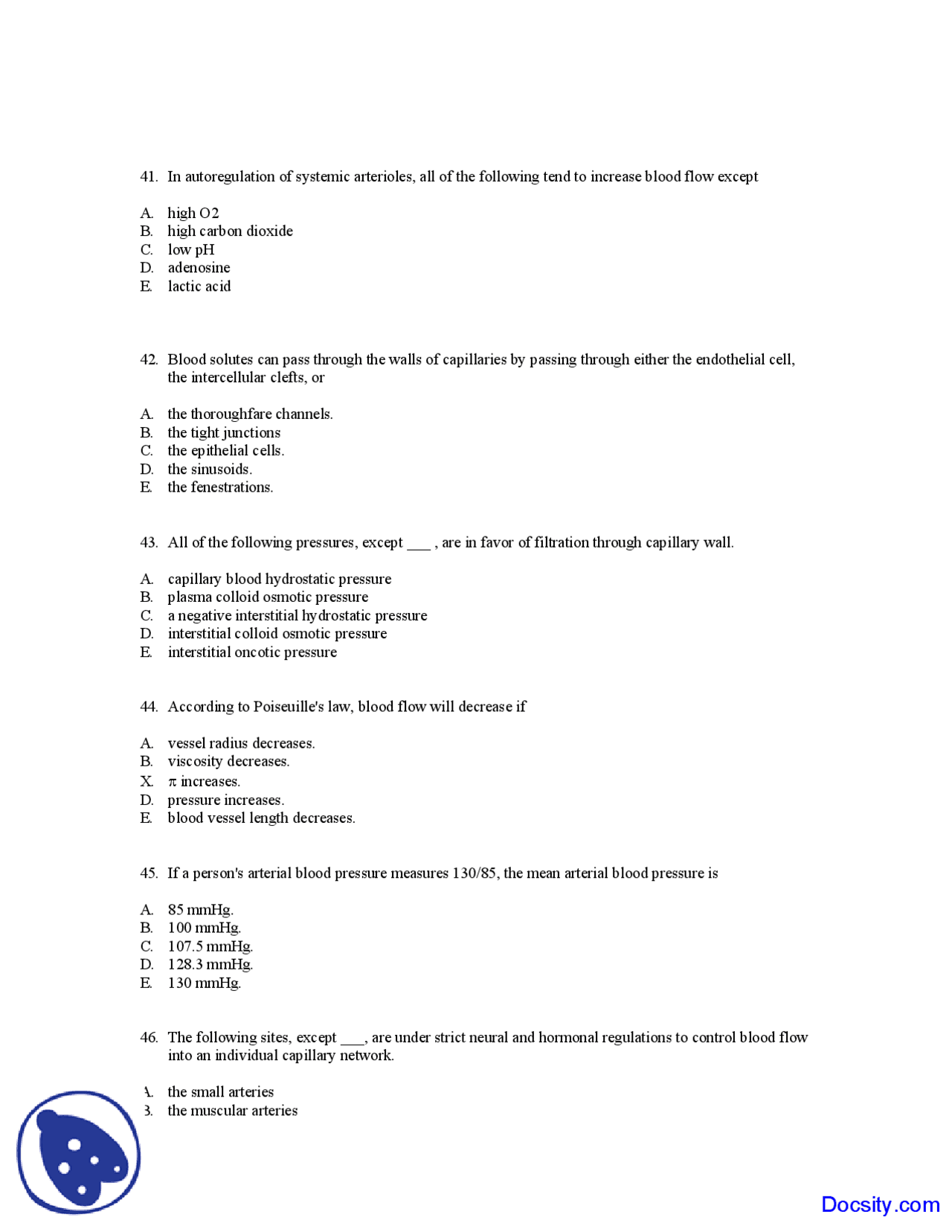 Systemic Arterioles Water Management Quiz Docsity