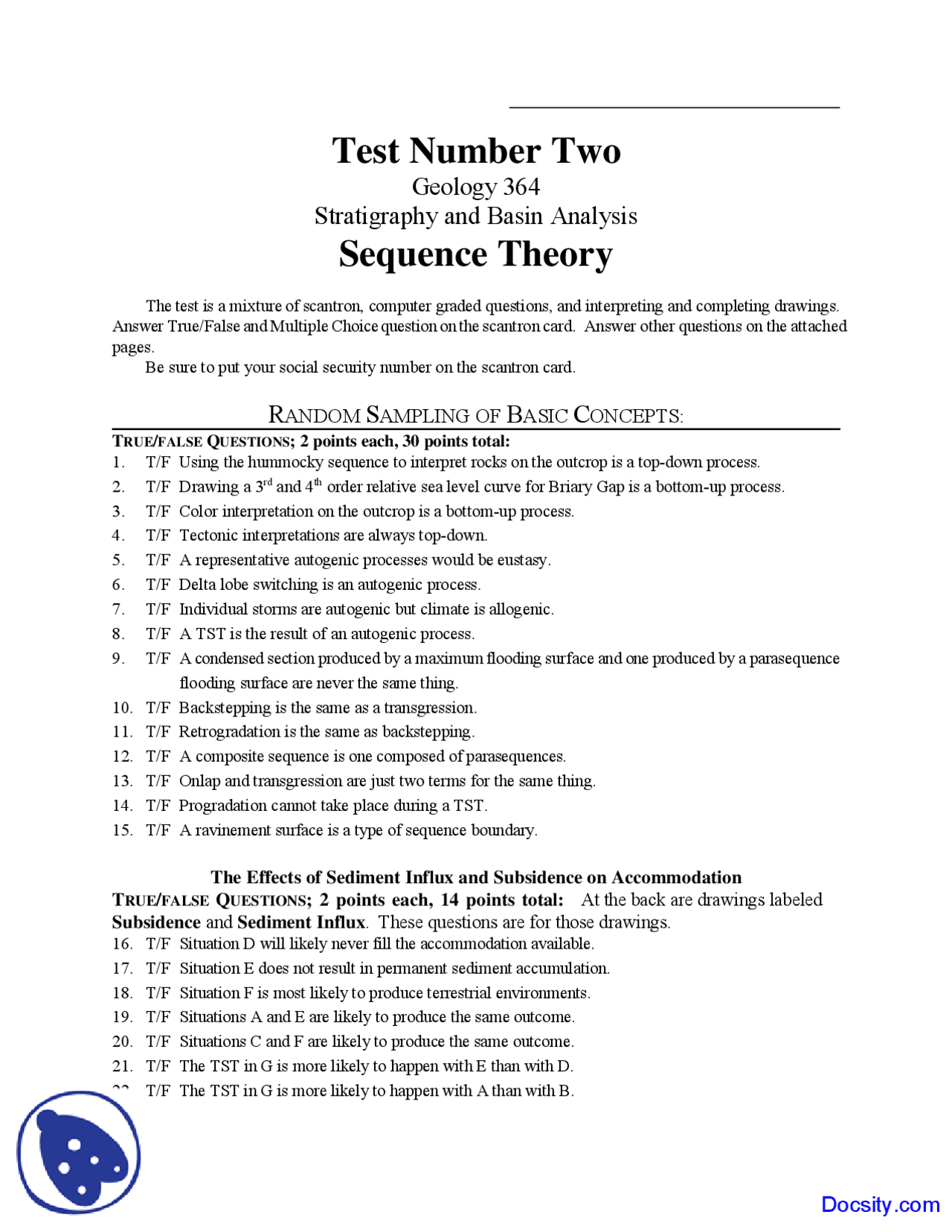 Sequence Theory Stratigraphy Exam Docsity