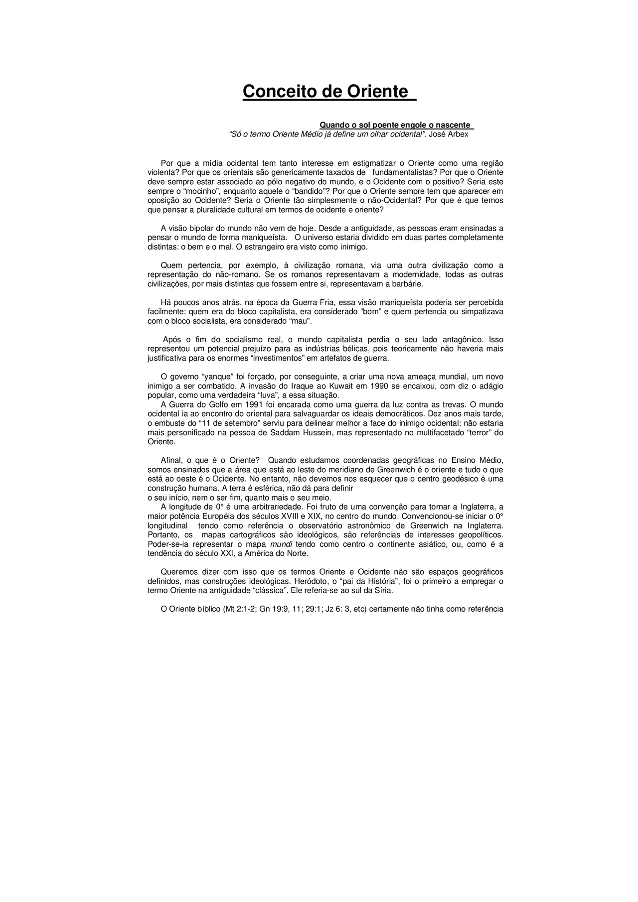 Conceito de Oriente - Apostilas - História - Docsity