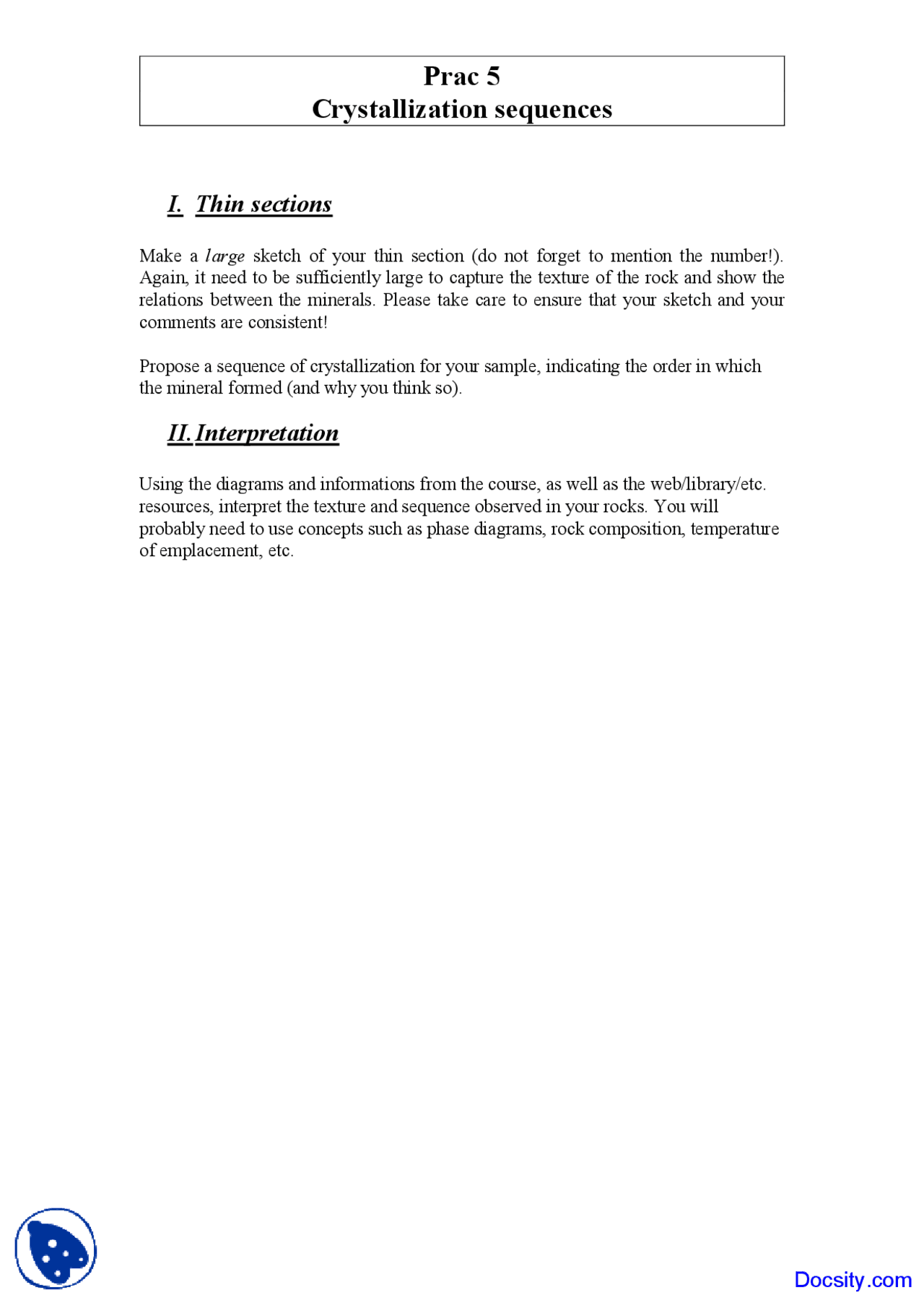 Crystallization Sequences - Geochemistry I - Exam - Docsity