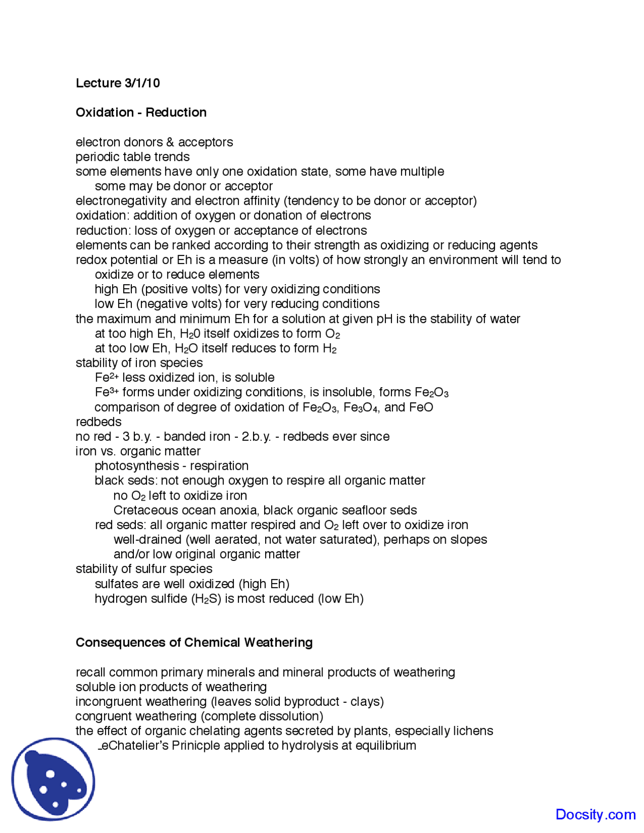 Oxidation Reduction Geochemistry I Lecture Notes Docsity