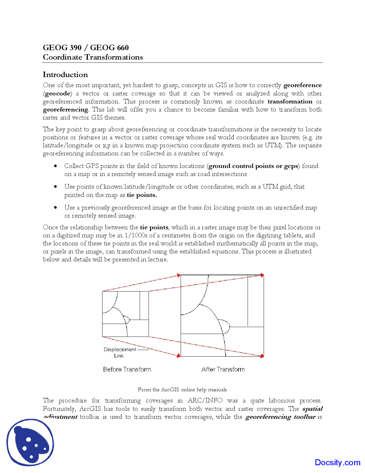 Coordinate Transformations Gis And Mapping Lecture Notes Docsity