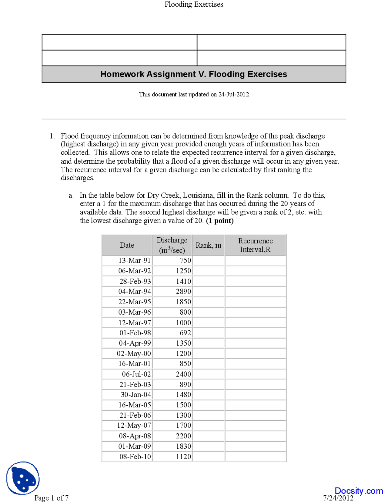 Flooding - Environmental Geology - Assignment - Docsity