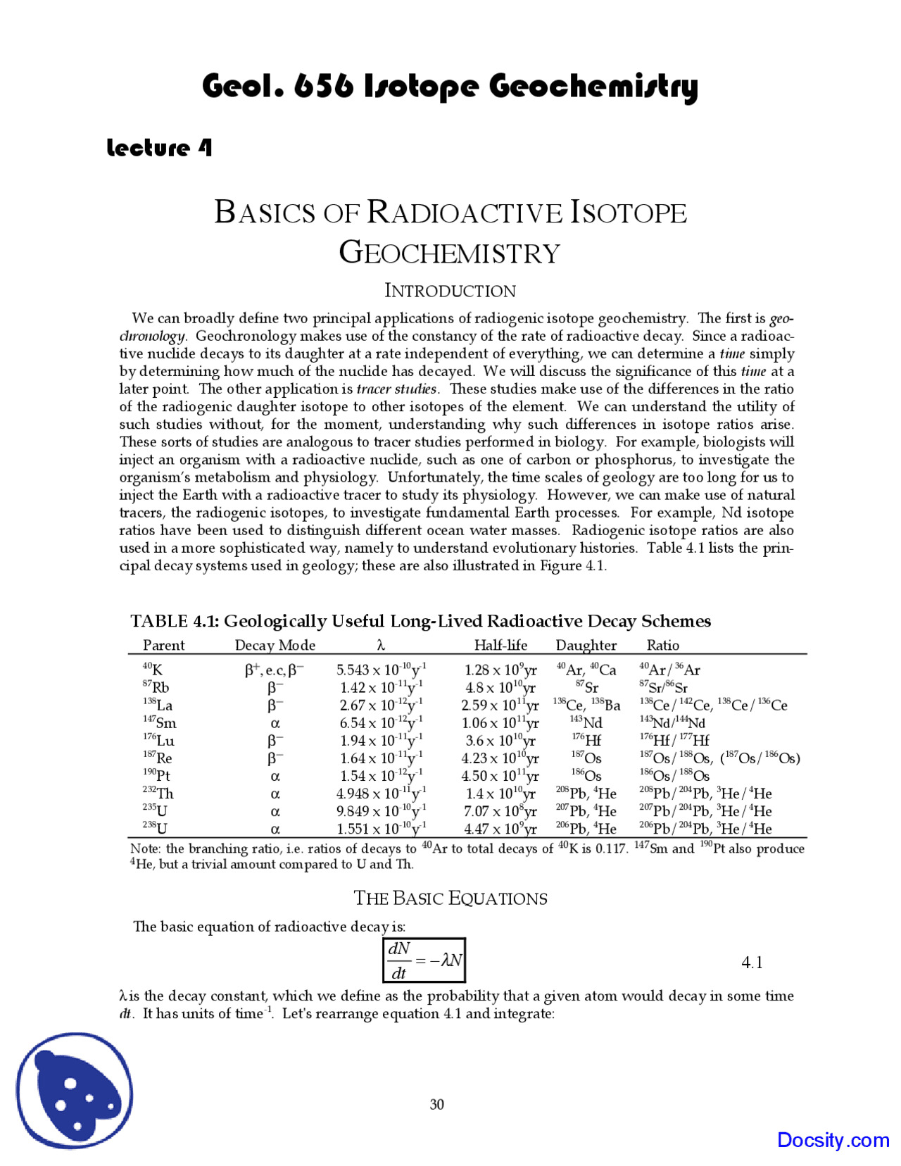 Radiogenic Geochemistry I Lecture Notes Docsity