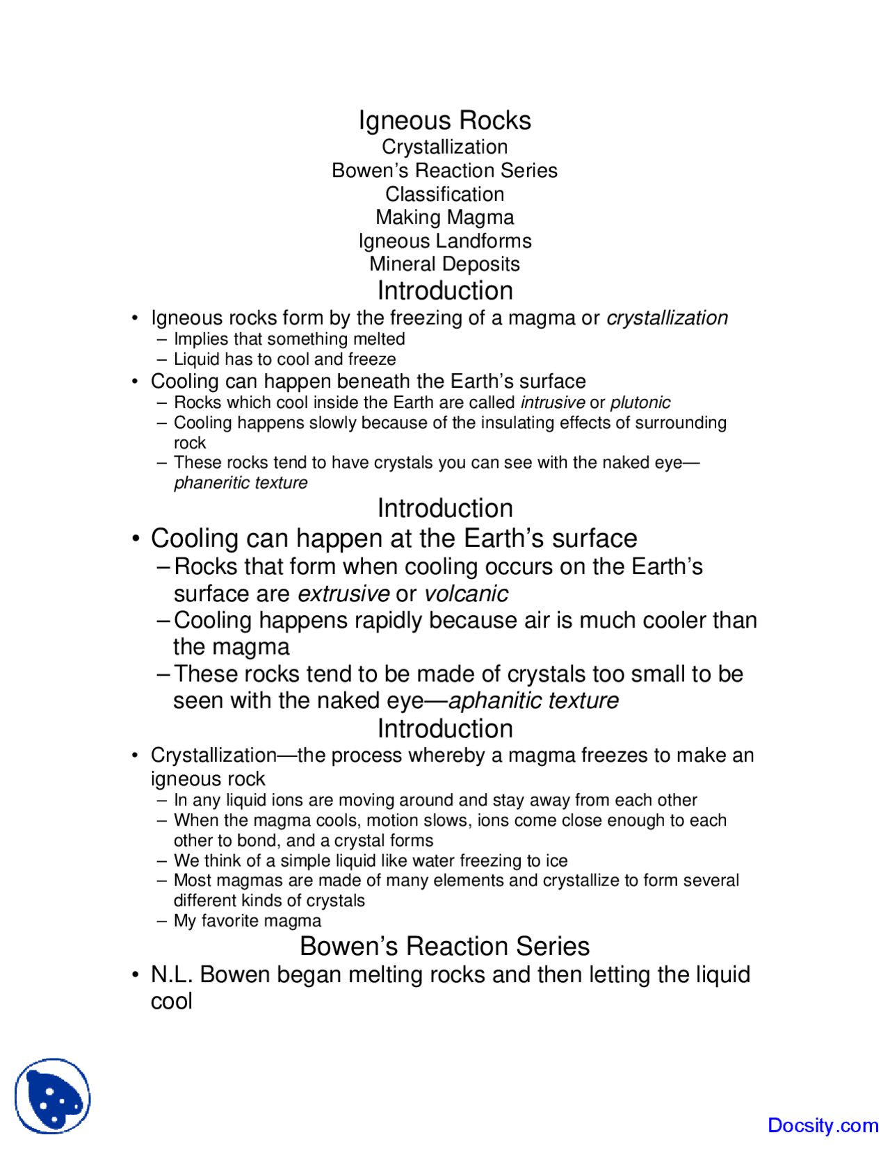 Igneous Rocks Environmental Geology Lecture Notes Docsity